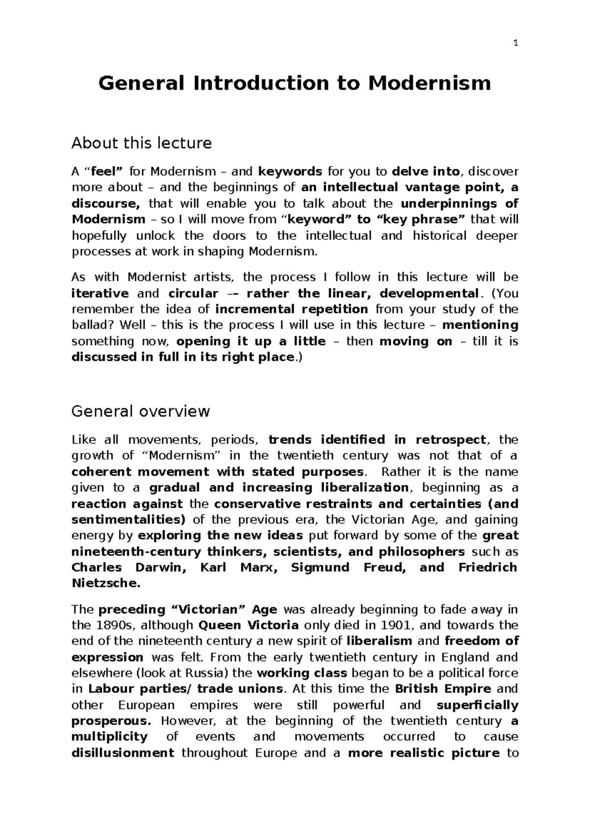 Eng 210 Modernism intro lecture 2024 - General Introduction to ...