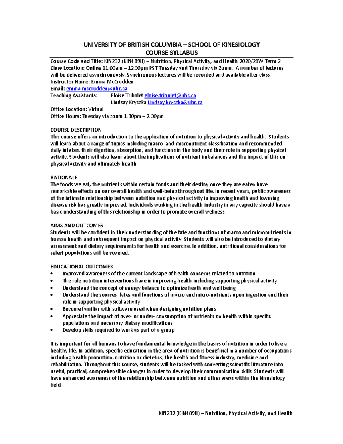 KIN232 Syllabus For Course KIN 232 KIN489H Nutrition Physical