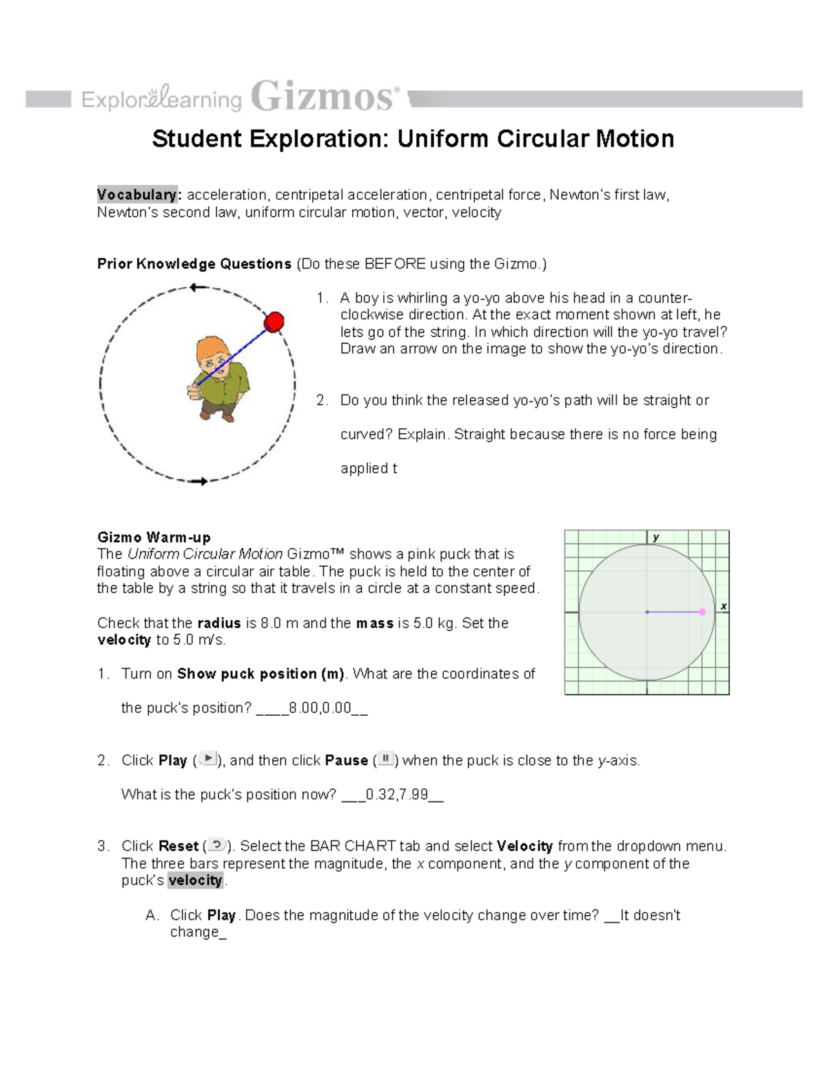 Uniform Circular Motion SE-3 - Student Exploration: Uniform Circular ...