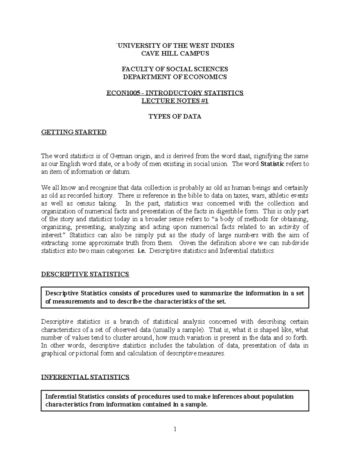 Lecture 1 Types of data - `UNIVERSITY OF THE WEST INDIES CAVE HILL CAMPUS FACULTY OF SOCIAL ...