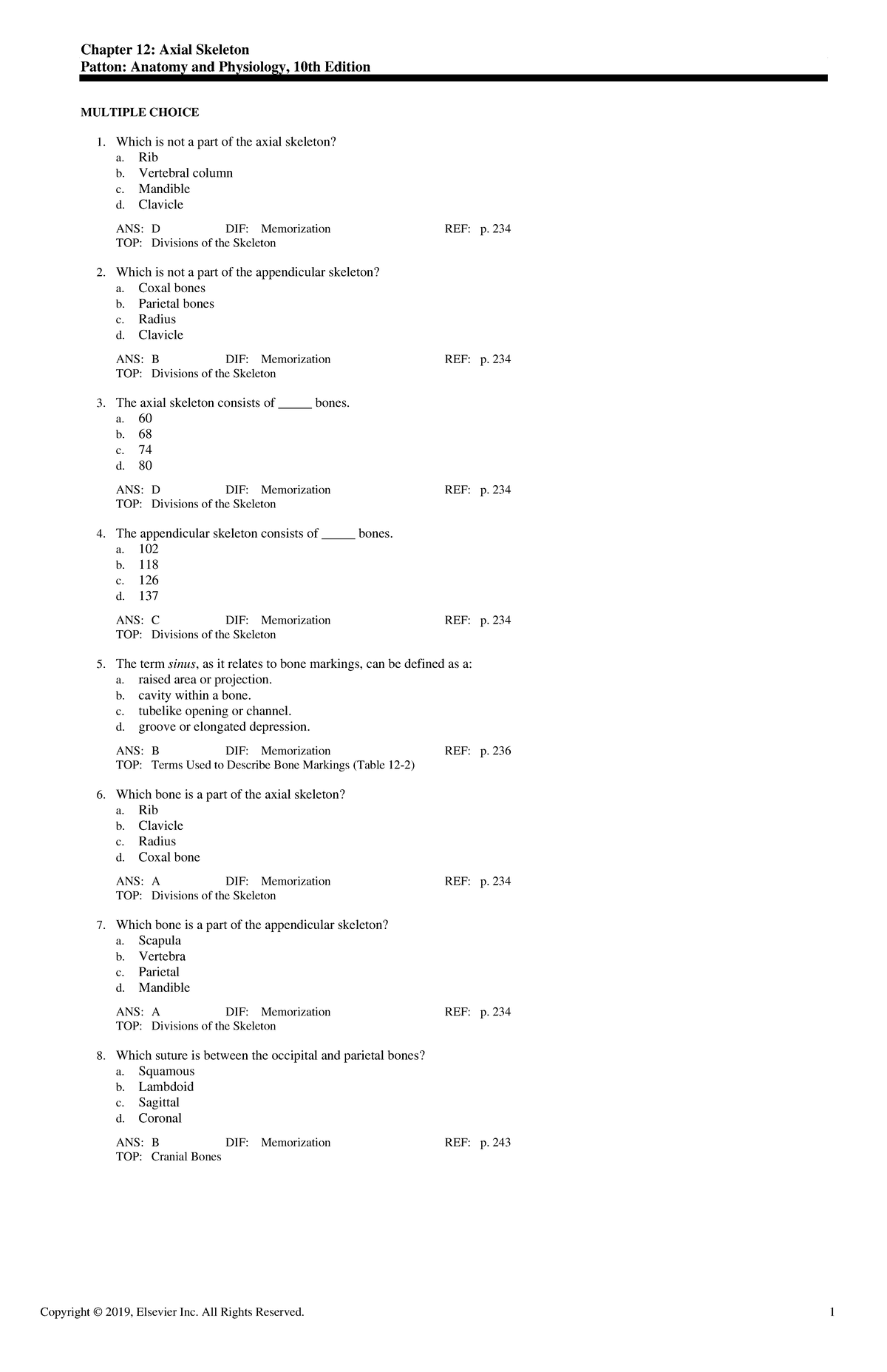 Exam View - Chapter 12 - Anatomy - Chapter 12: Axial Skeleton Patton ...