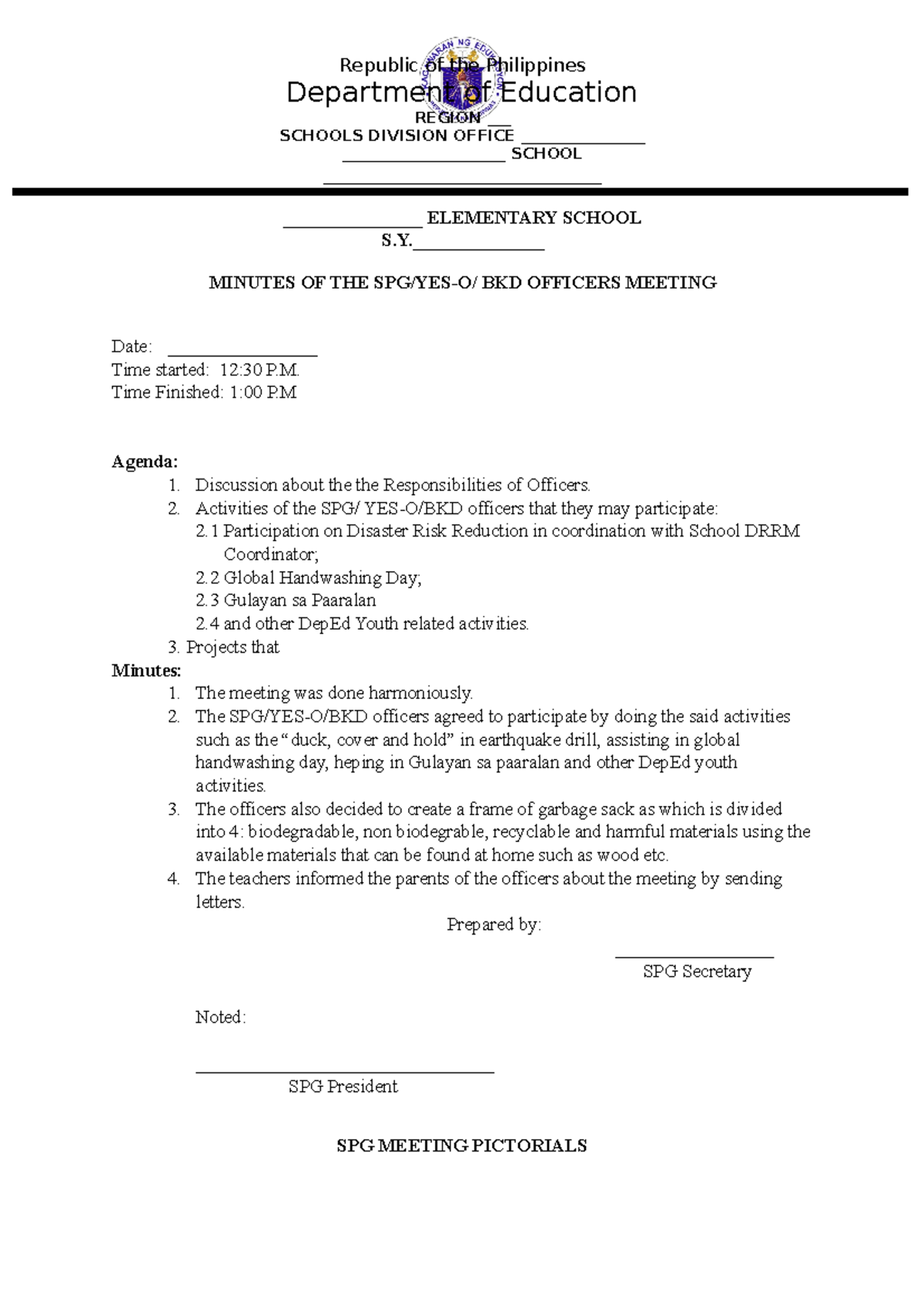 Minutes OF Meeting Sample - Republic of the Philippines Department of ...