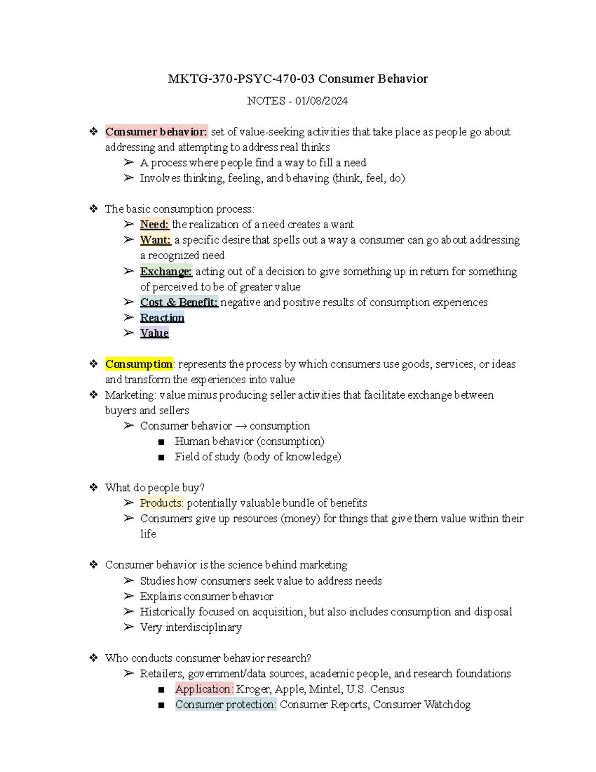 Notes 1 MKTG-370-PSYC-470-03 Consumer Behavior - MKTG-370-PSYC-470-03 ...