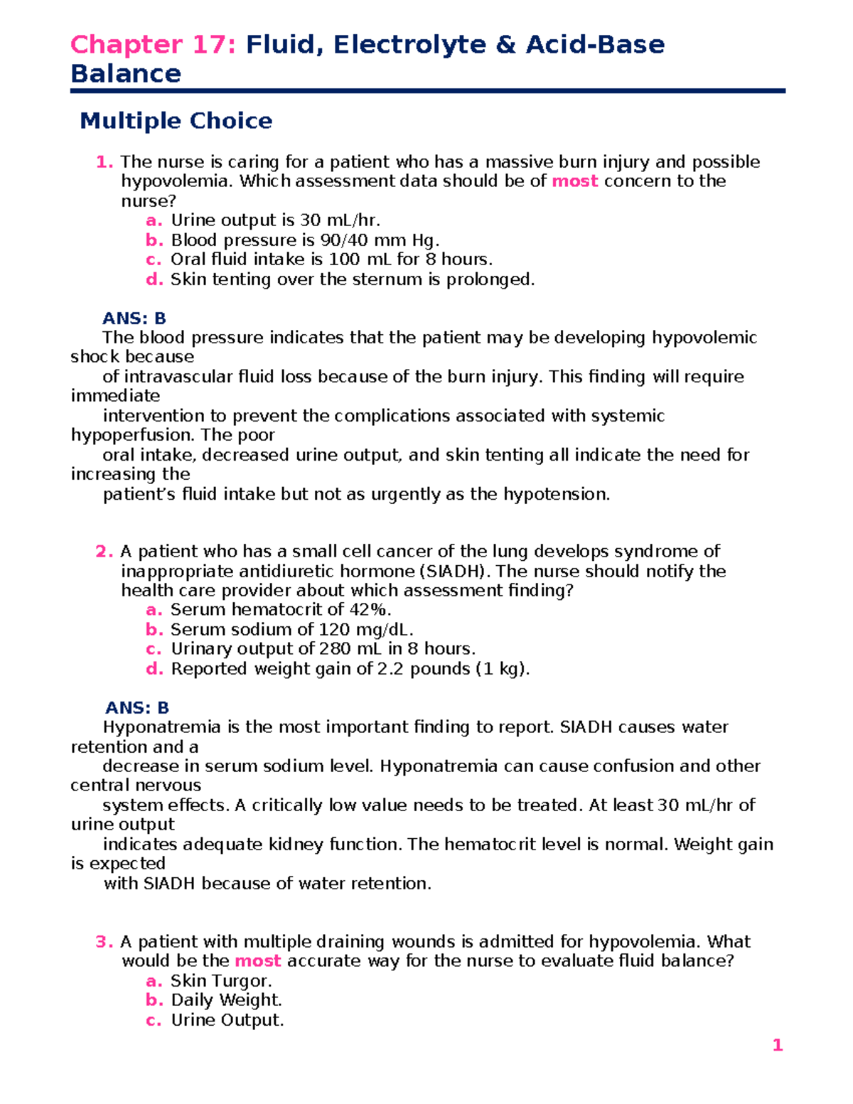 Medical Surgical Nursing Fluid, Electrolyte, and Acid-Base Balances ...