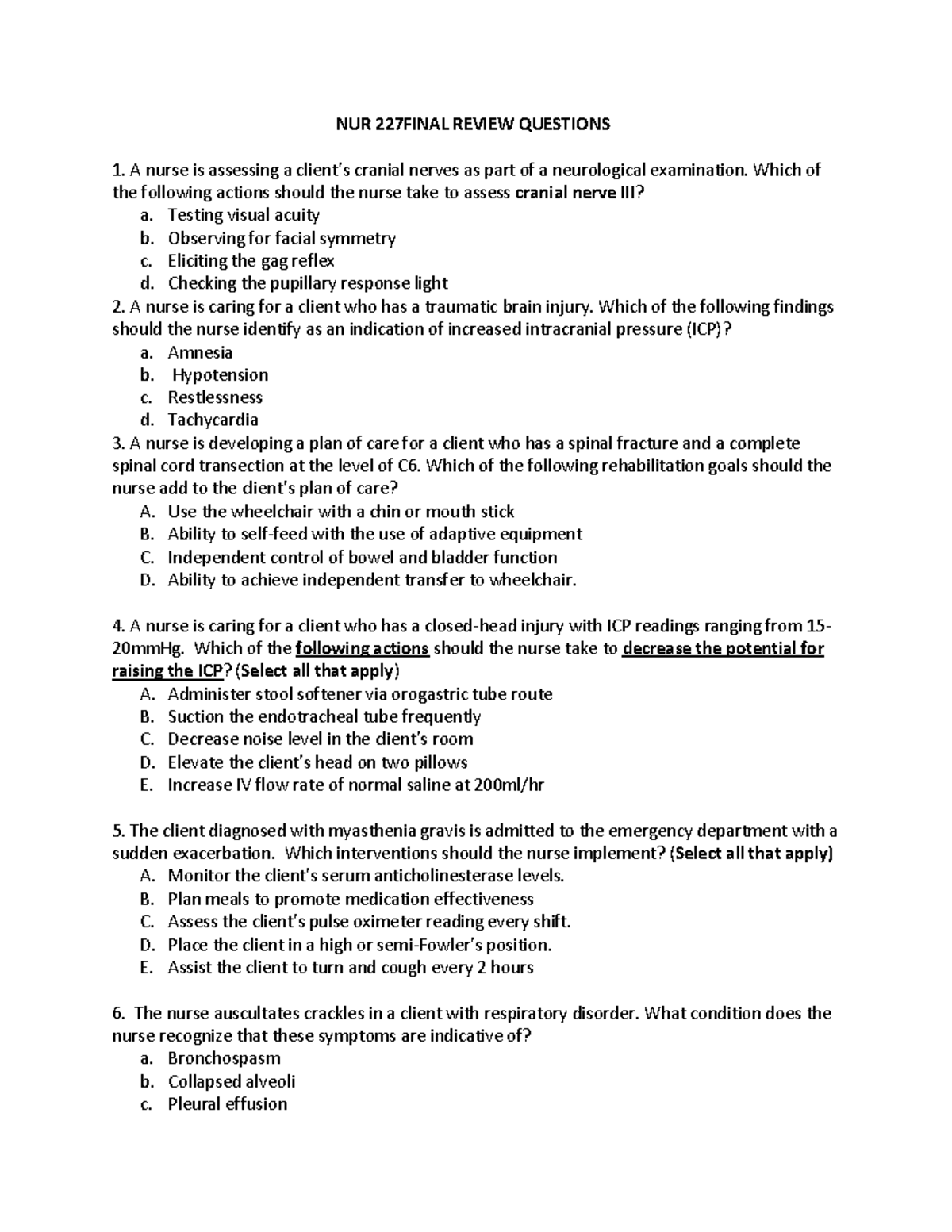 NUR 227 Final Review Questions - NUR 227FINAL REVIEW QUESTIONS A nurse ...
