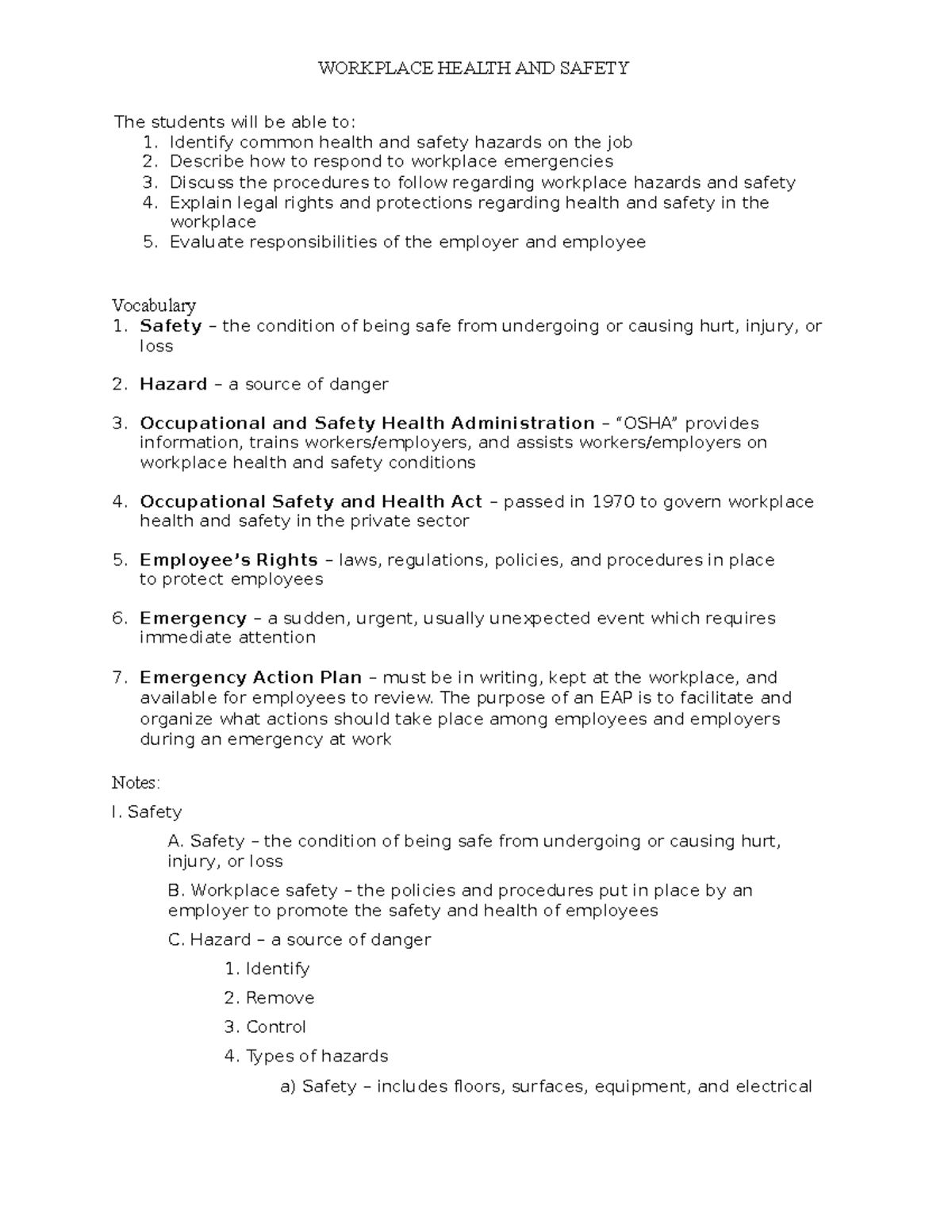 Workplace Health and Safety Notes - WORKPLACE HEALTH AND SAFETY The ...