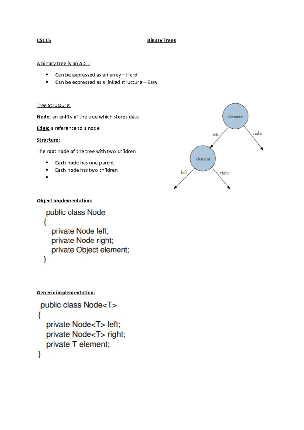 CS 115 Topic 9 - Binary Trees - CS115 Binary Trees A binary tree is an ADT: Can be expressed as ...