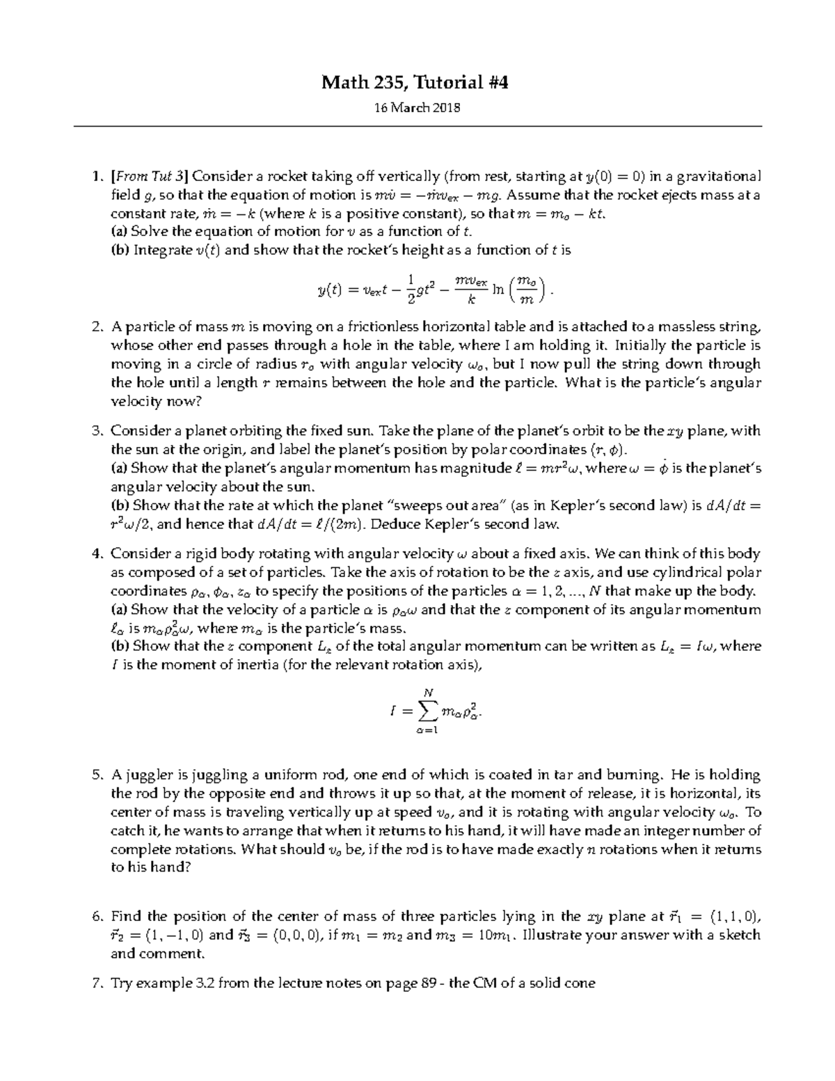 Tutorial 04 - mechanics math - Math 235, Tutorial 16 March 2018 [From ...