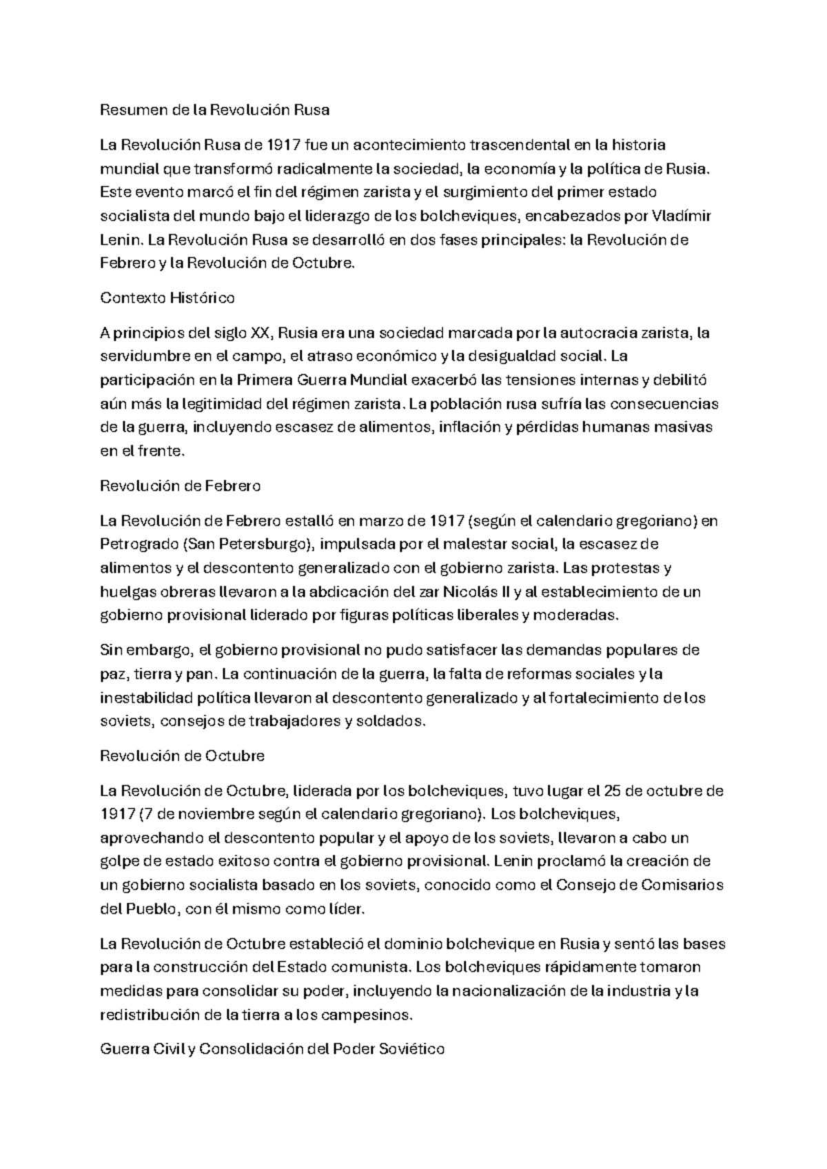 Rev Rusa HESG - resumen de la Revolucion rusa - Resumen de la ...