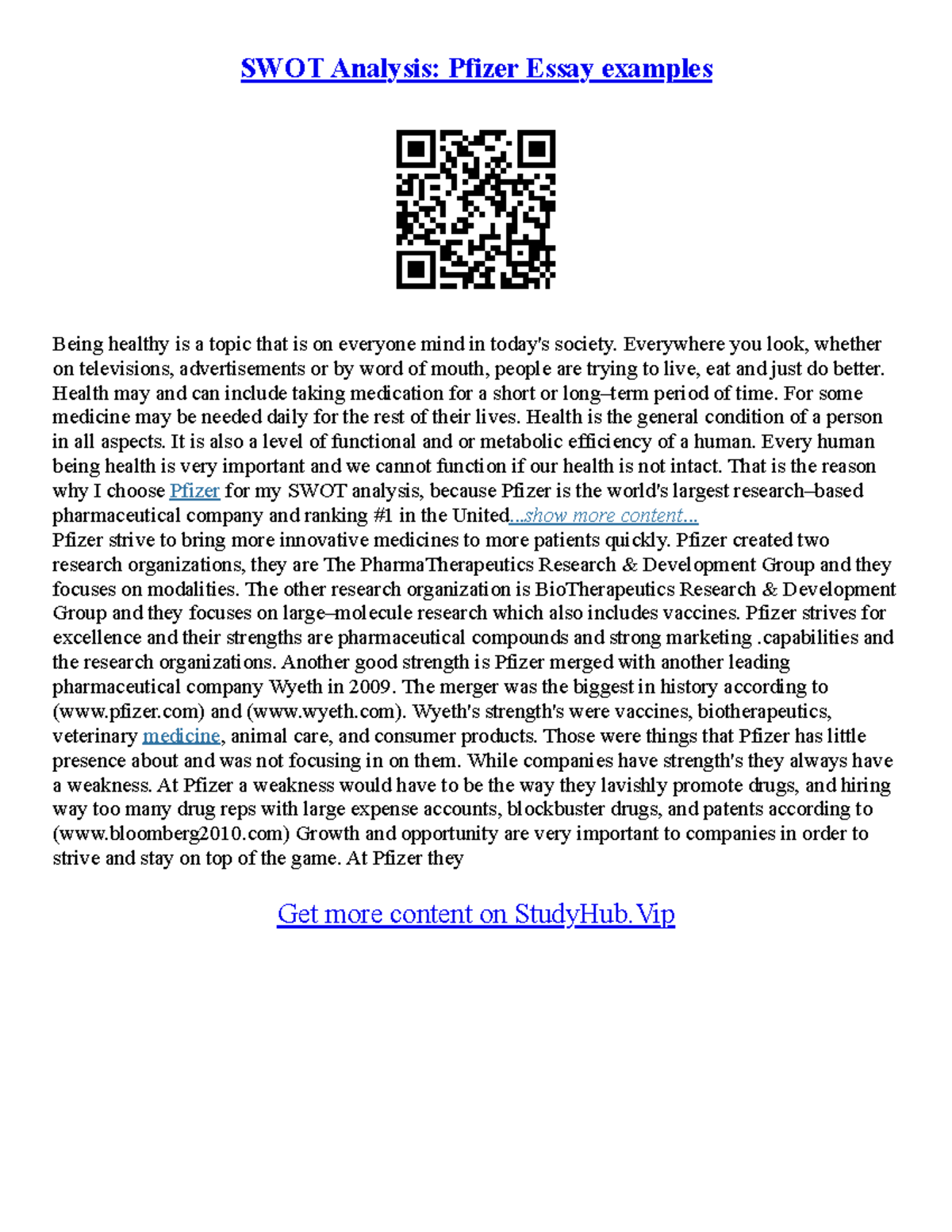 Swot Analysis Essay Example - SWOT Analysis: Pfizer Essay examples ...
