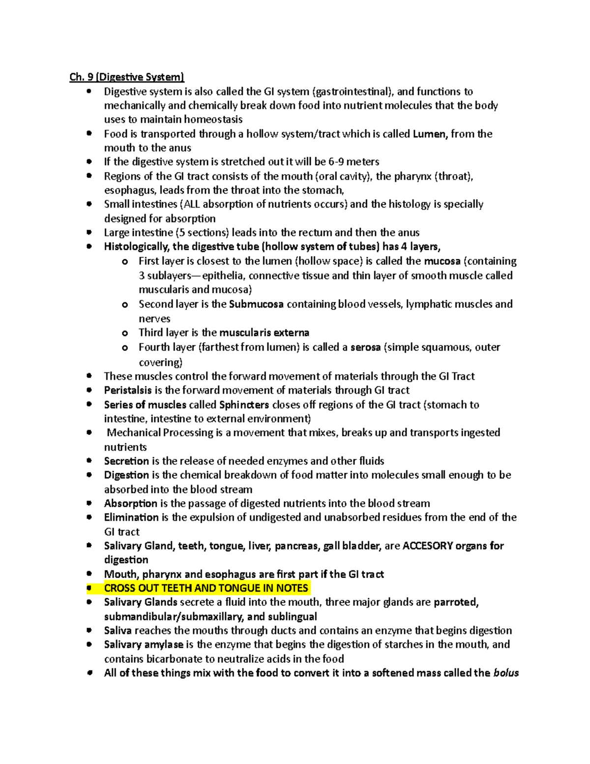 BIO - Lecture notes 9 - Ch. 9 (Digestive System) Digestive system is ...