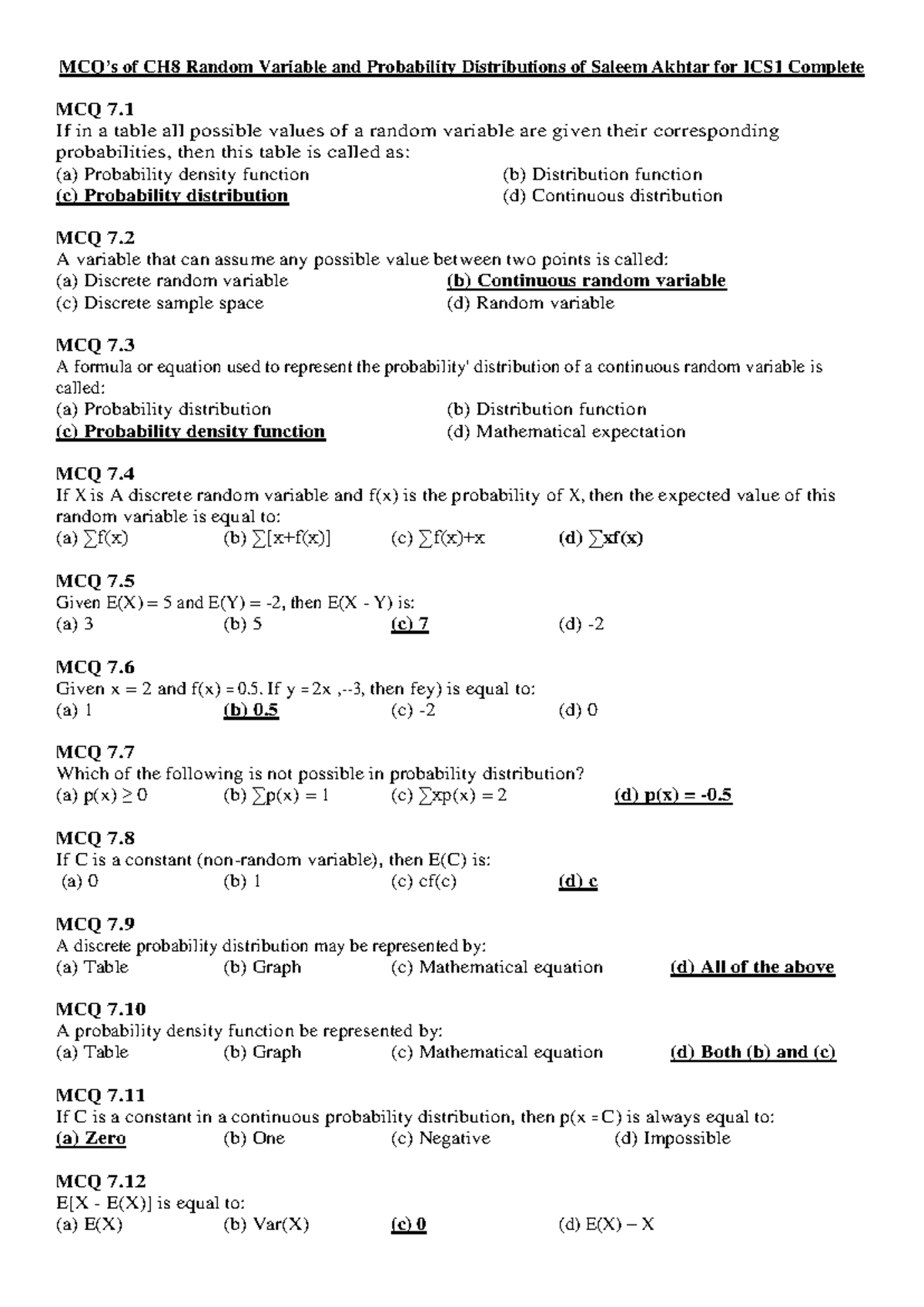 368379310 Mcq Random Variable and Probability Distributions Wiht Correct Answers - MCQ’s of CH8 ...