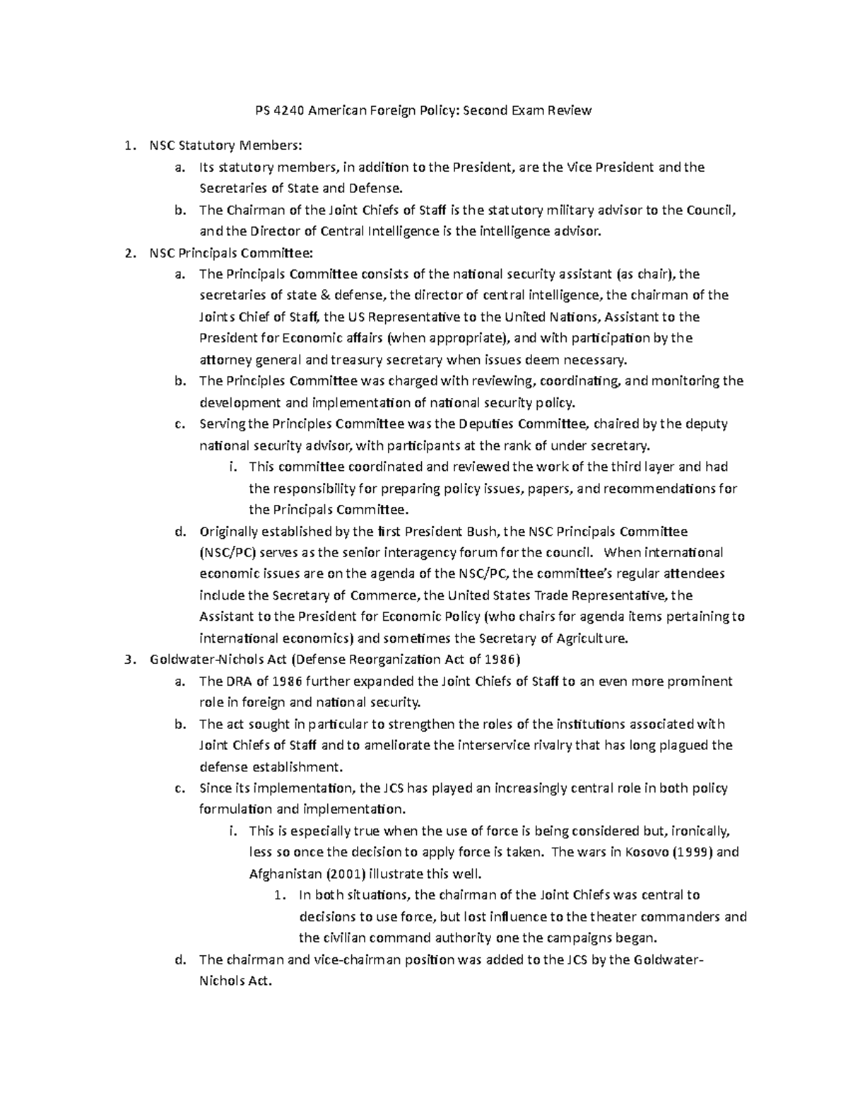 Study Guide for AFP Midterm - PS 4240 American Foreign Policy: Second ...