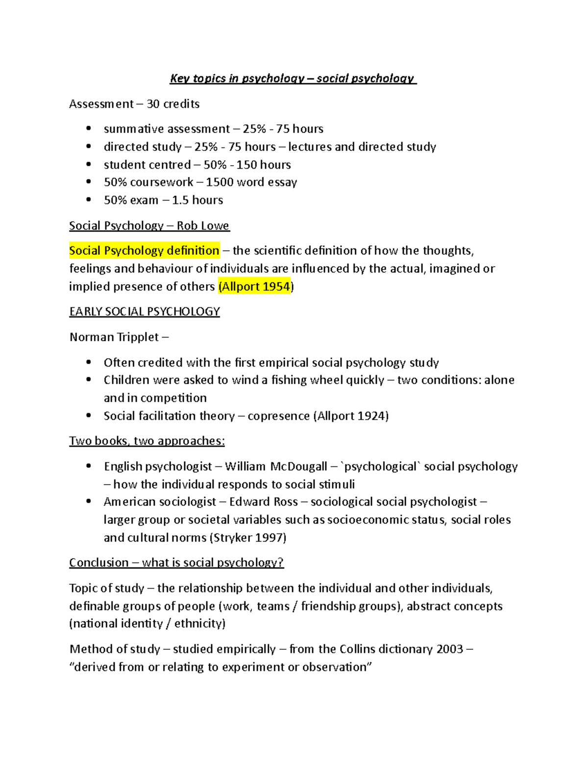 Lecture 1 notes - Key topics in psychology – social psychology ...