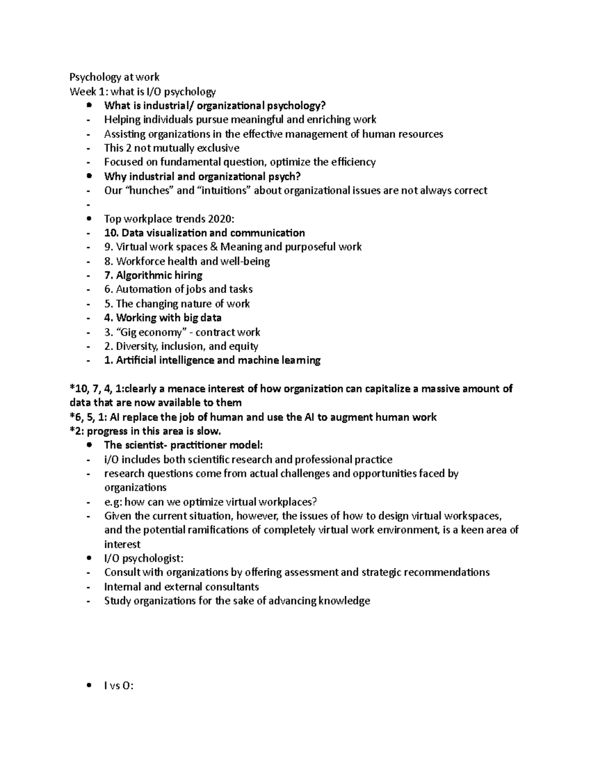 Psychology at work - notes for midterm - Psychology at work Week 1 ...