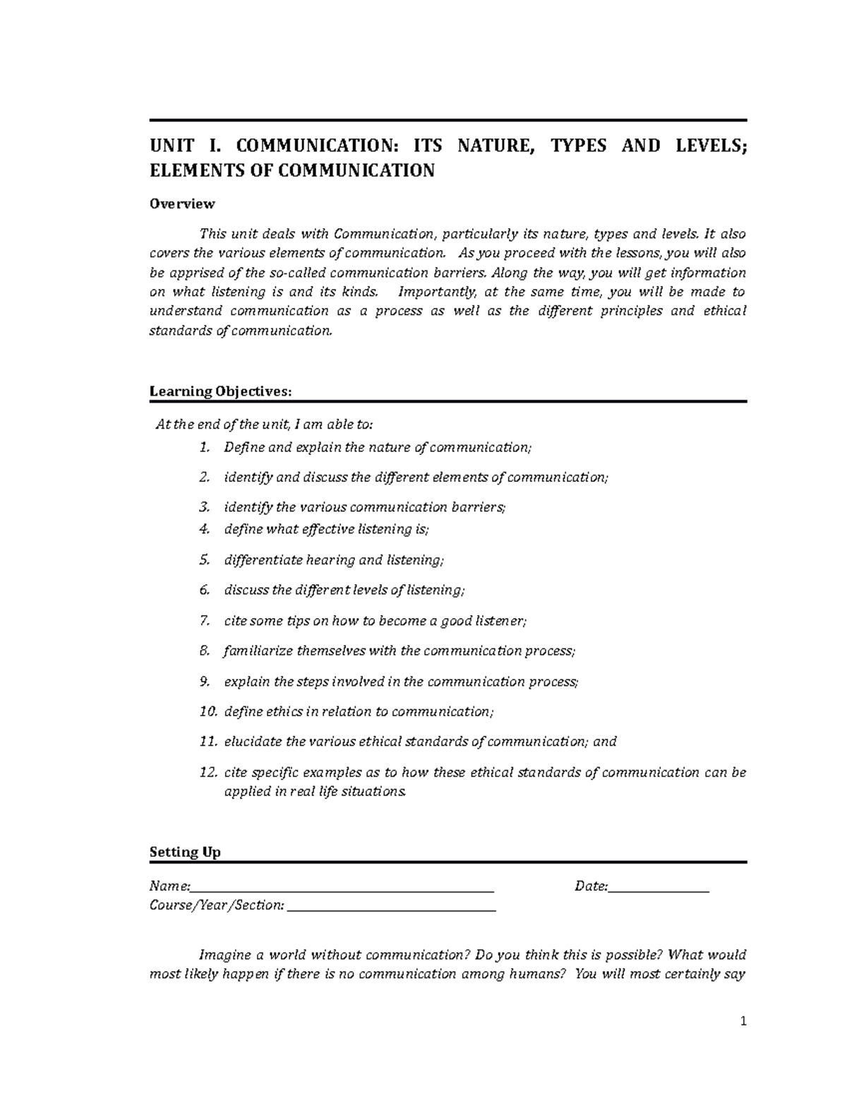 Module to general educ. 05 - UNIT I. COMMUNICATION: ITS NATURE, TYPES ...
