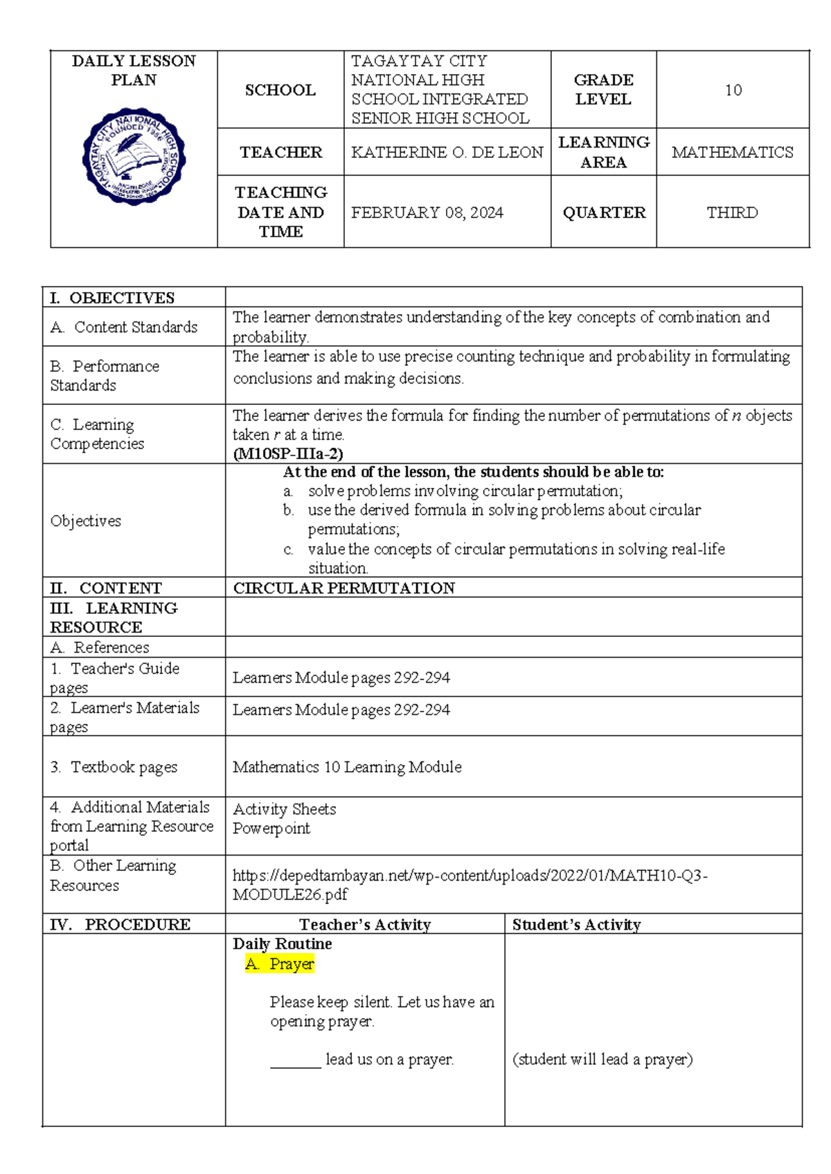 February 08,2024 - DAILY LESSON PLAN SCHOOL TAGAYTAY CITY NATIONAL HIGH ...