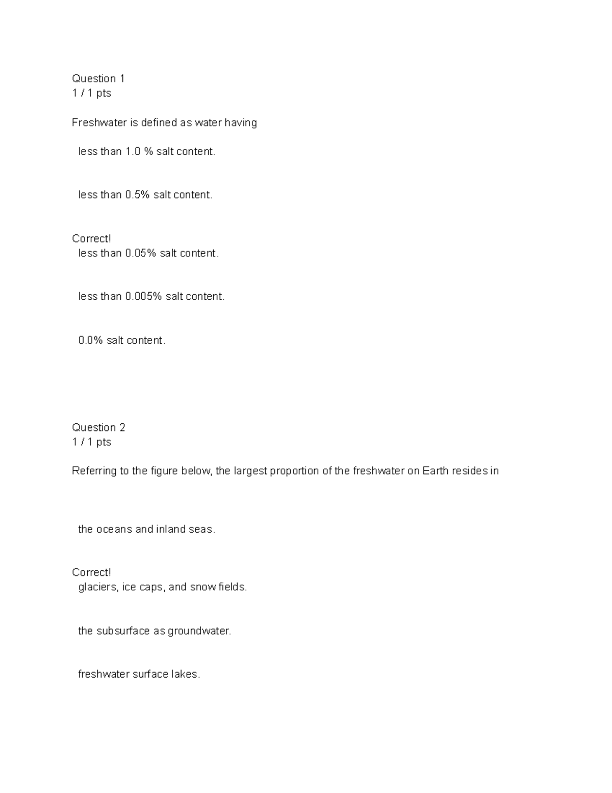 Chapter 7 Quiz - No description - Question 1 1 / 1 pts Freshwater is ...