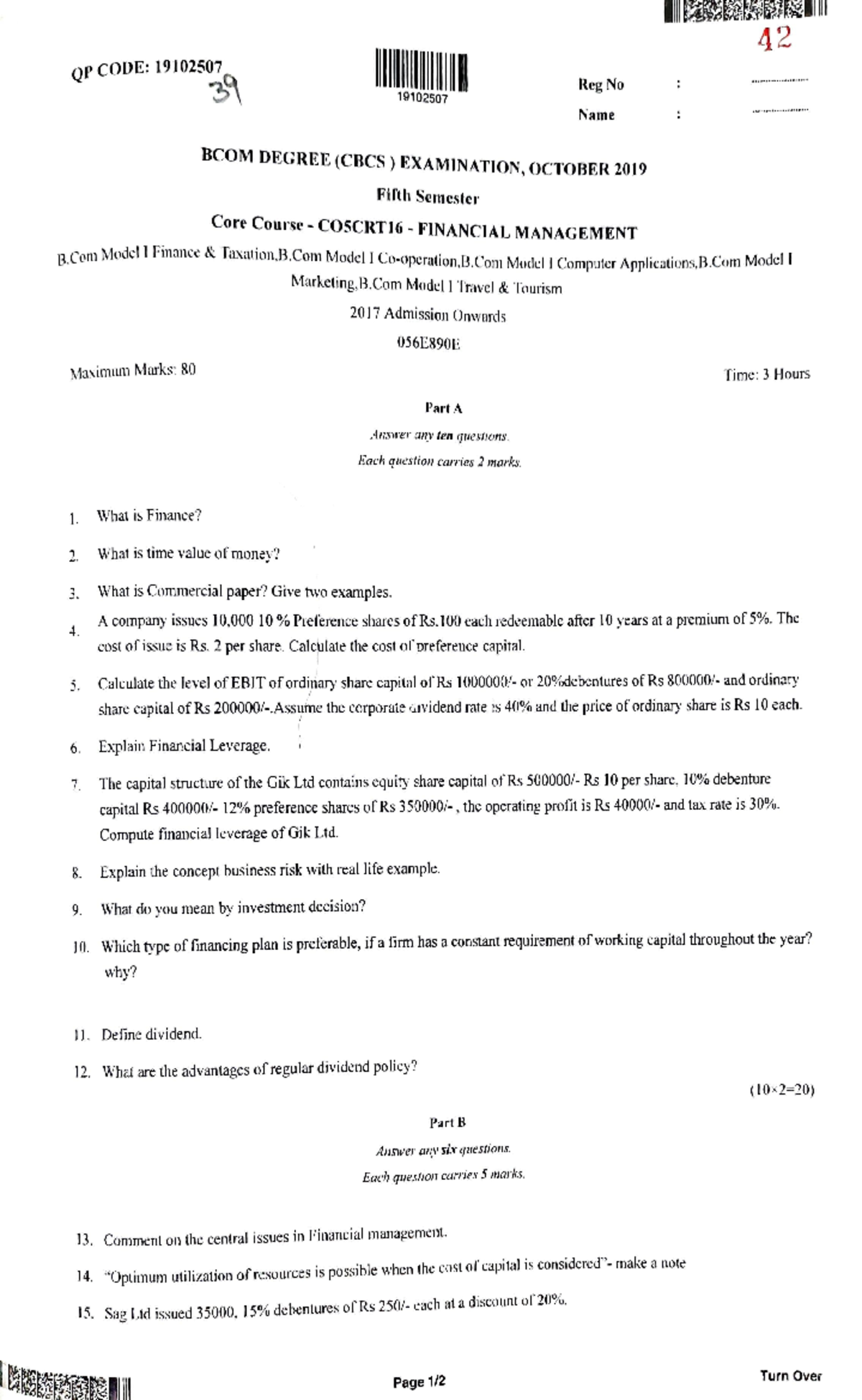 FM 2019 - good - 42 QP CODE: 19102507. RegNo ***"" 19102507 Name ...