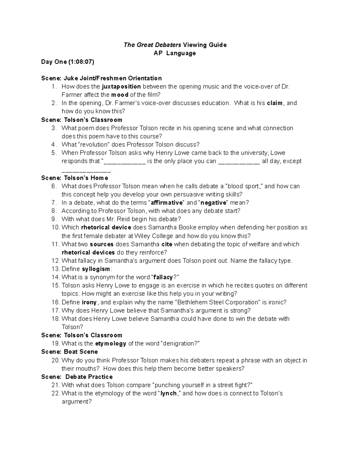 Great debaters day 1 - Apush review guide - The Great Debaters Viewing ...