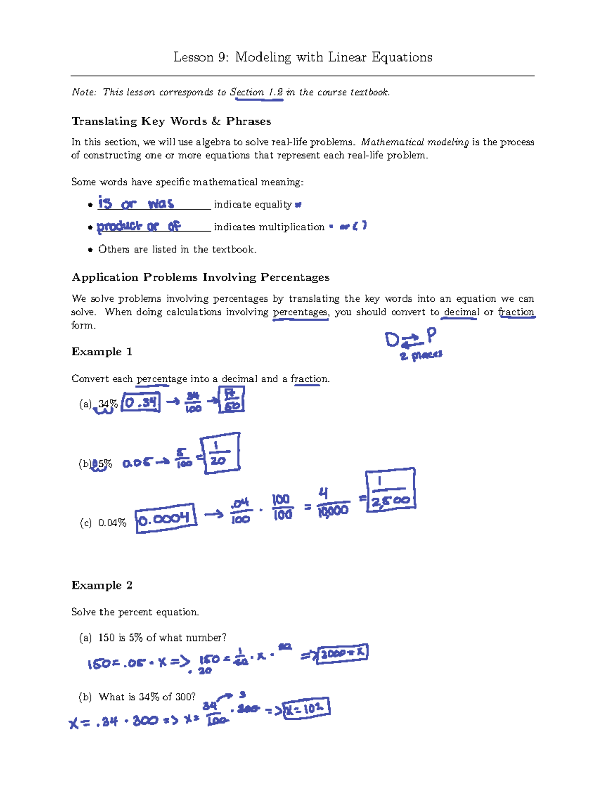 M119 Note-Taking Guide Lesson 9 (JRS) - Lesson 9: Modeling with Linear ...