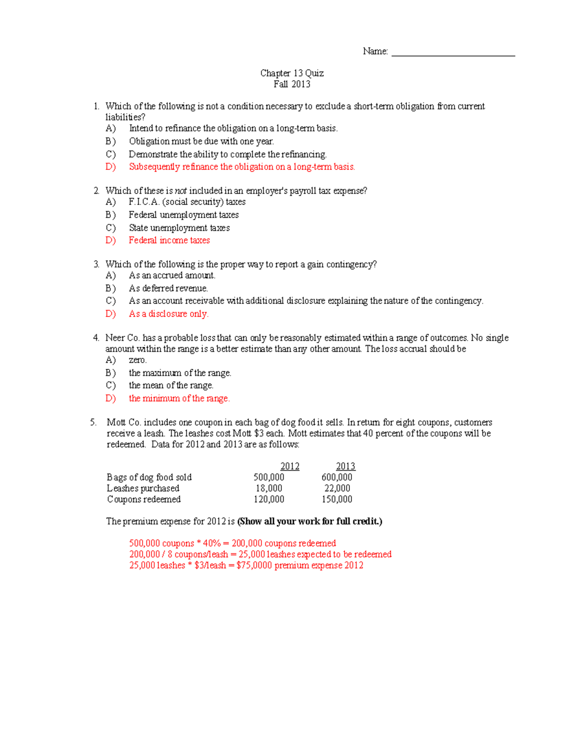Answers Chapter 13 Quizf13 Name Chapter 5239