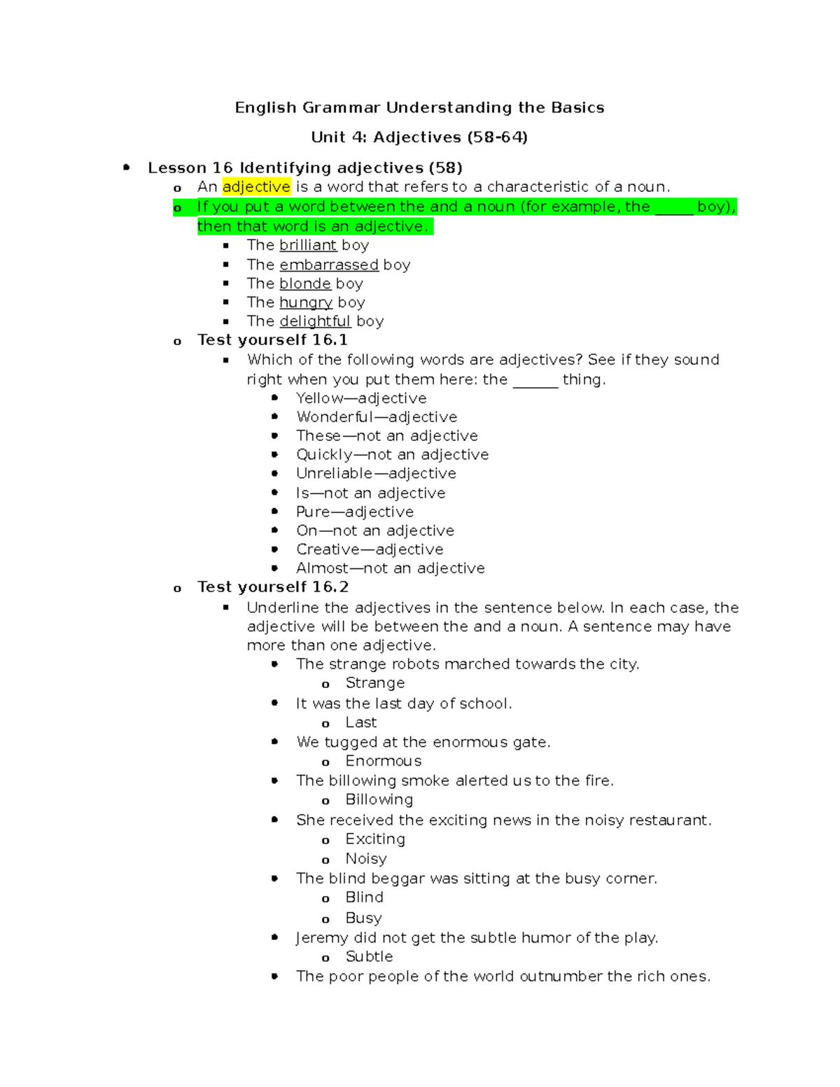Unit 4 Adjectives Notes - English Grammar Understanding the Basics Unit ...