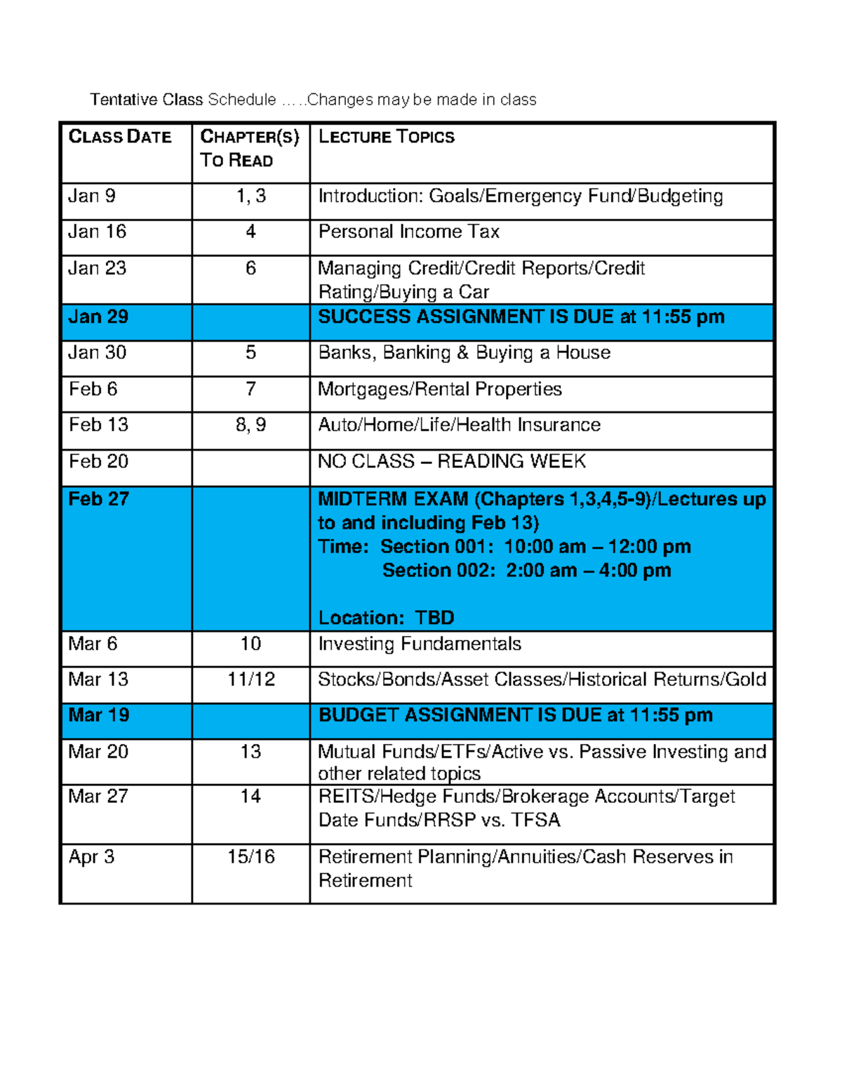 Weekly Class Schedule - Section 001 002 - Tentative Class Schedule ...