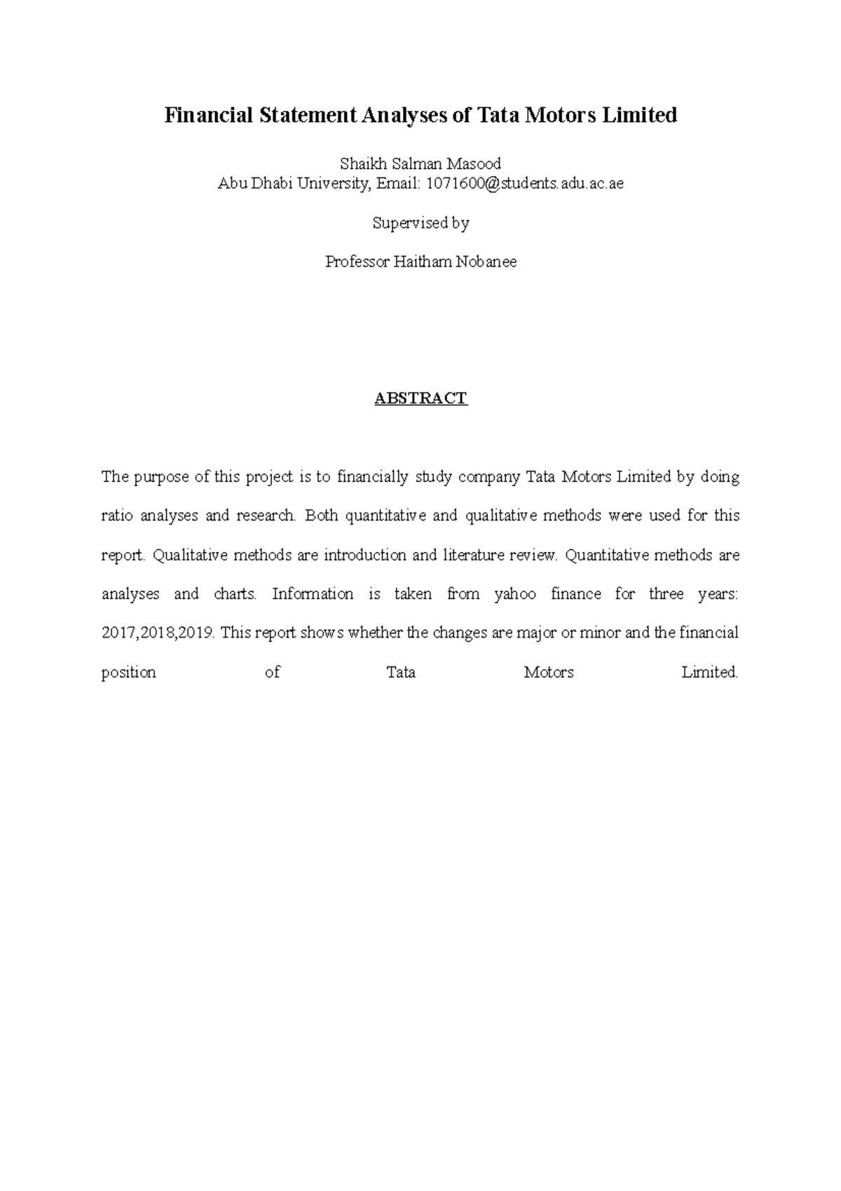 Financial Statement Analysesof Tata - adu.ac Supervised by Professor ...