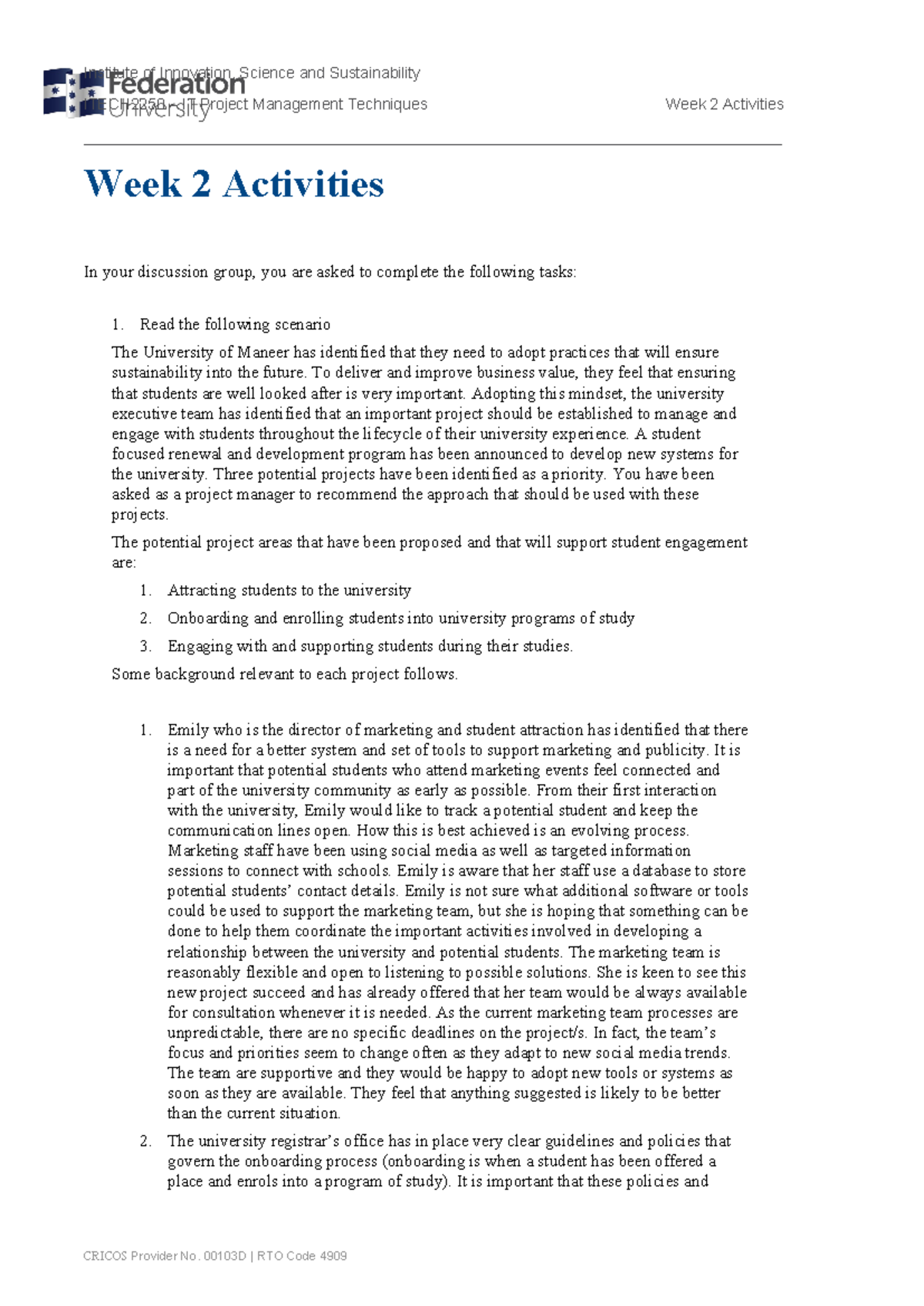 ITECH2250_Week 2 Activity Sheet - ITECH2250 – IT Project Management Techniques Week 2 Activities ...