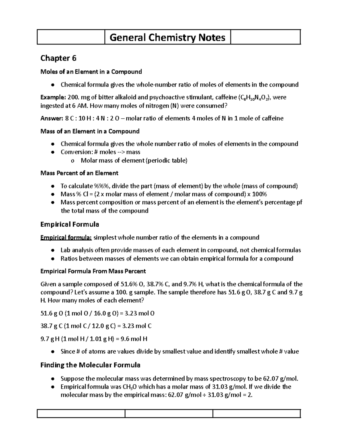 Chemistry notes overview - Chapter 6 Moles of an Element in a Compound ...