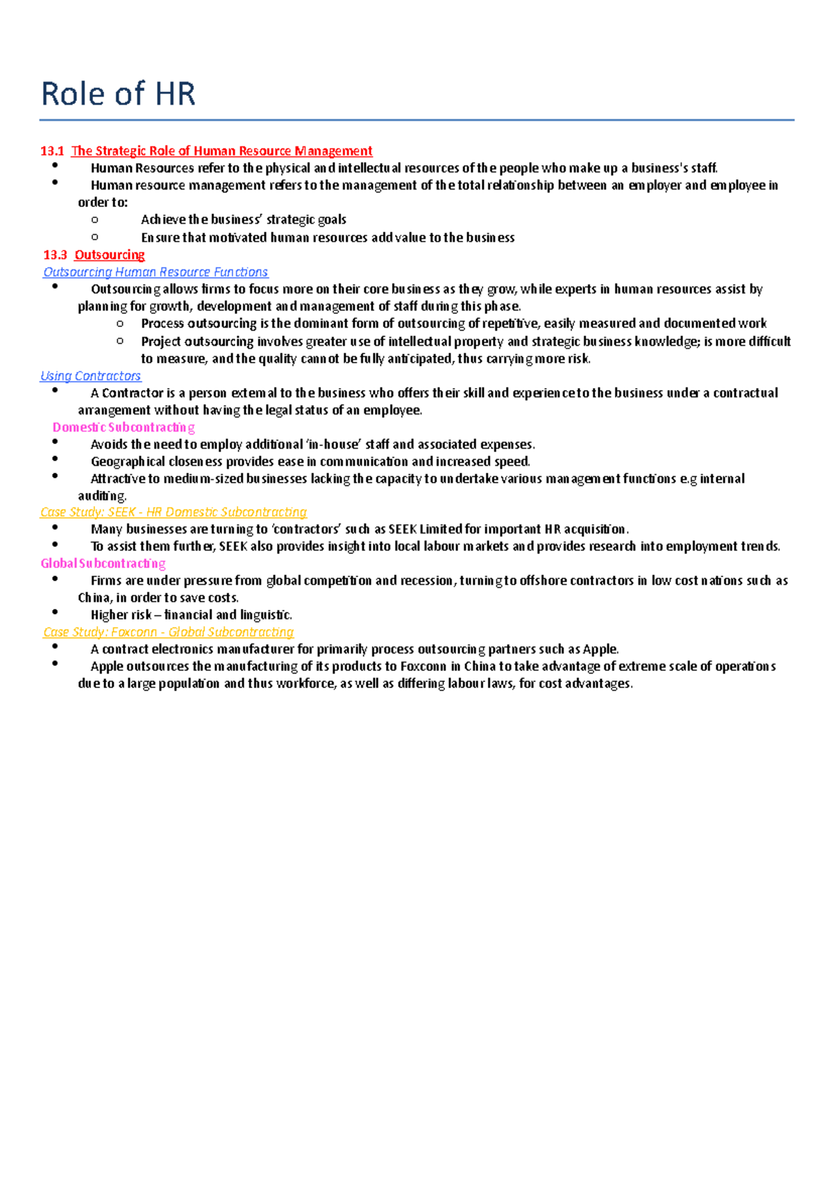 HRM220 Important topics + Case study examples - Role of HR 13 The ...