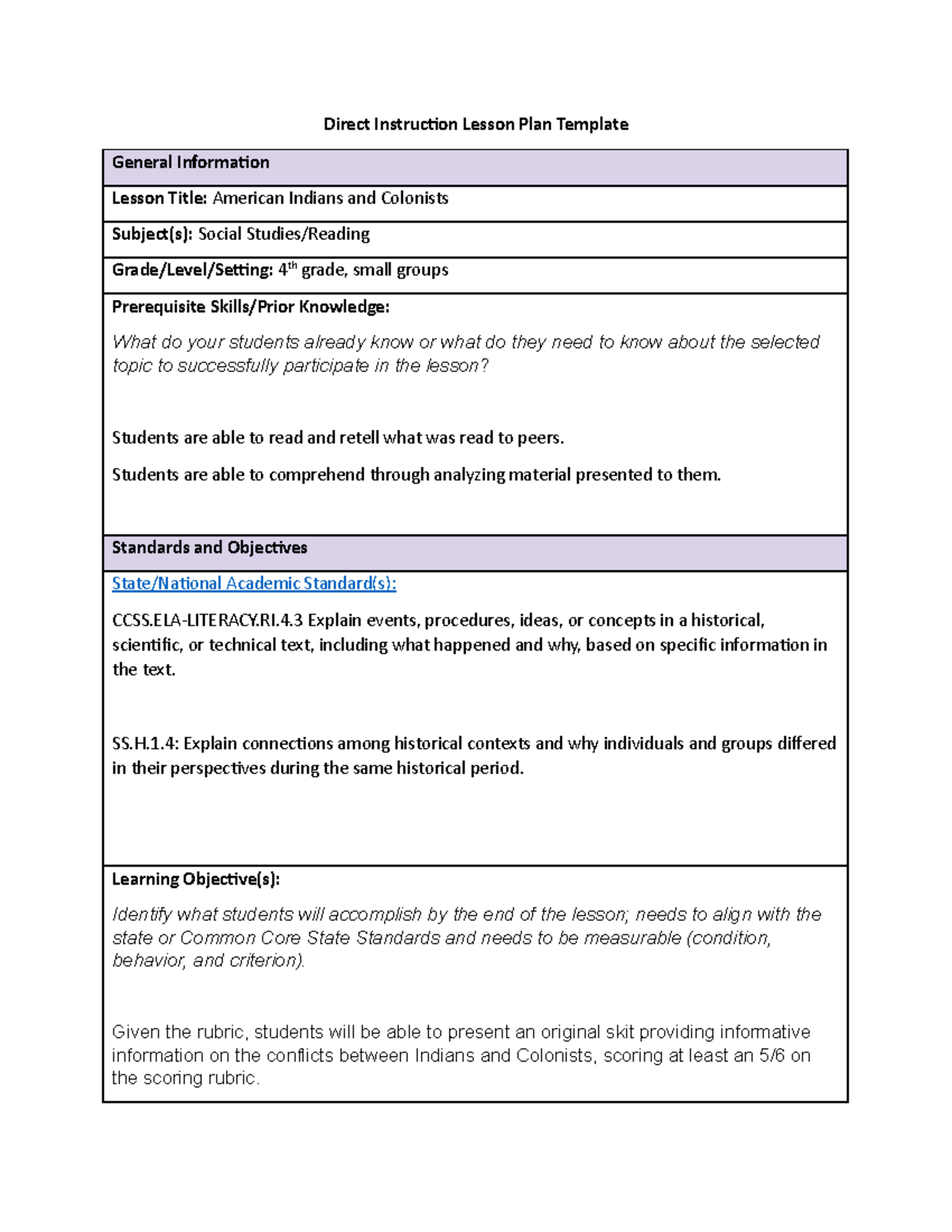 TASK 1 - Notes. - Direct Instruction Lesson Plan Template General ...
