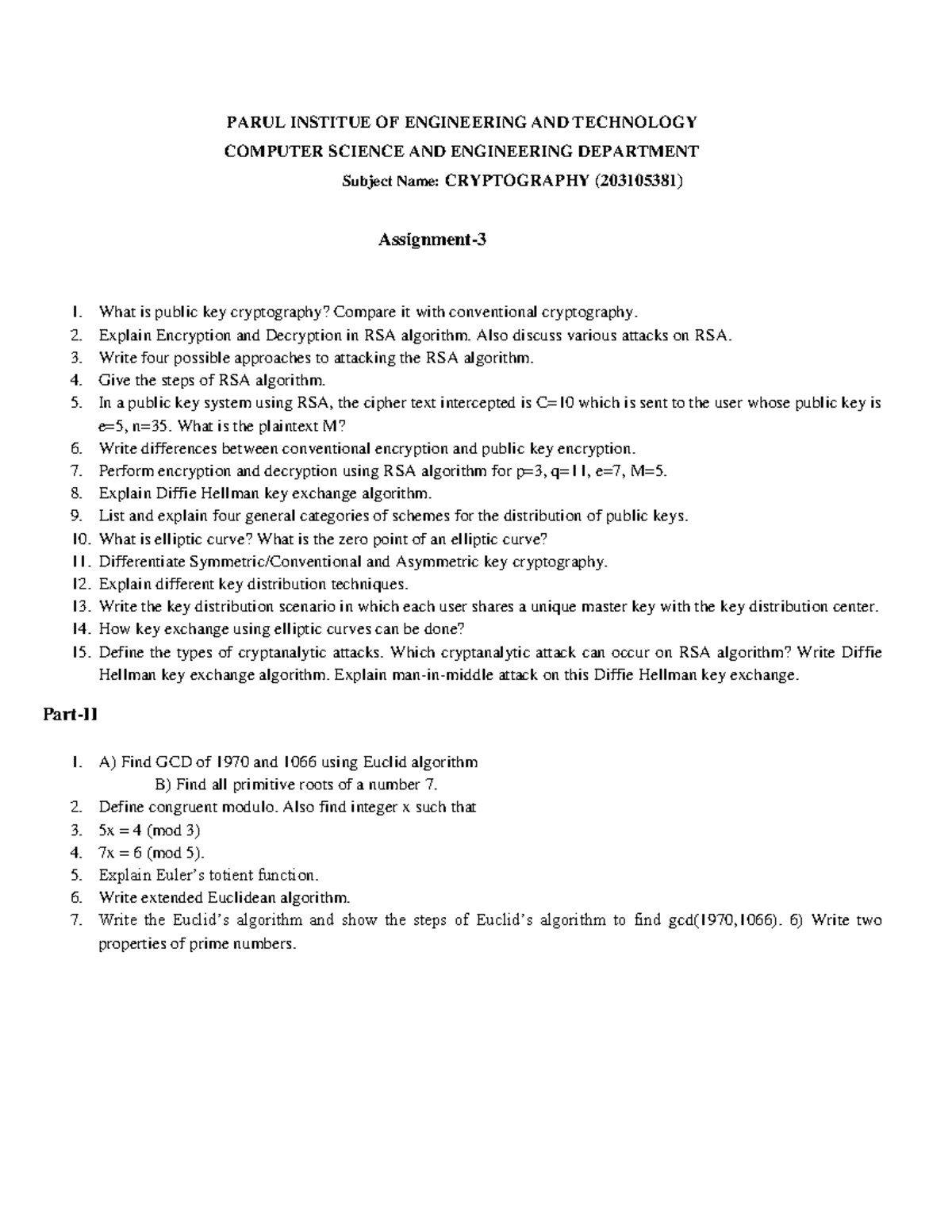 Crypto - Assignment 3 Questions - PARUL INSTITUE OF ENGINEERING AND ...