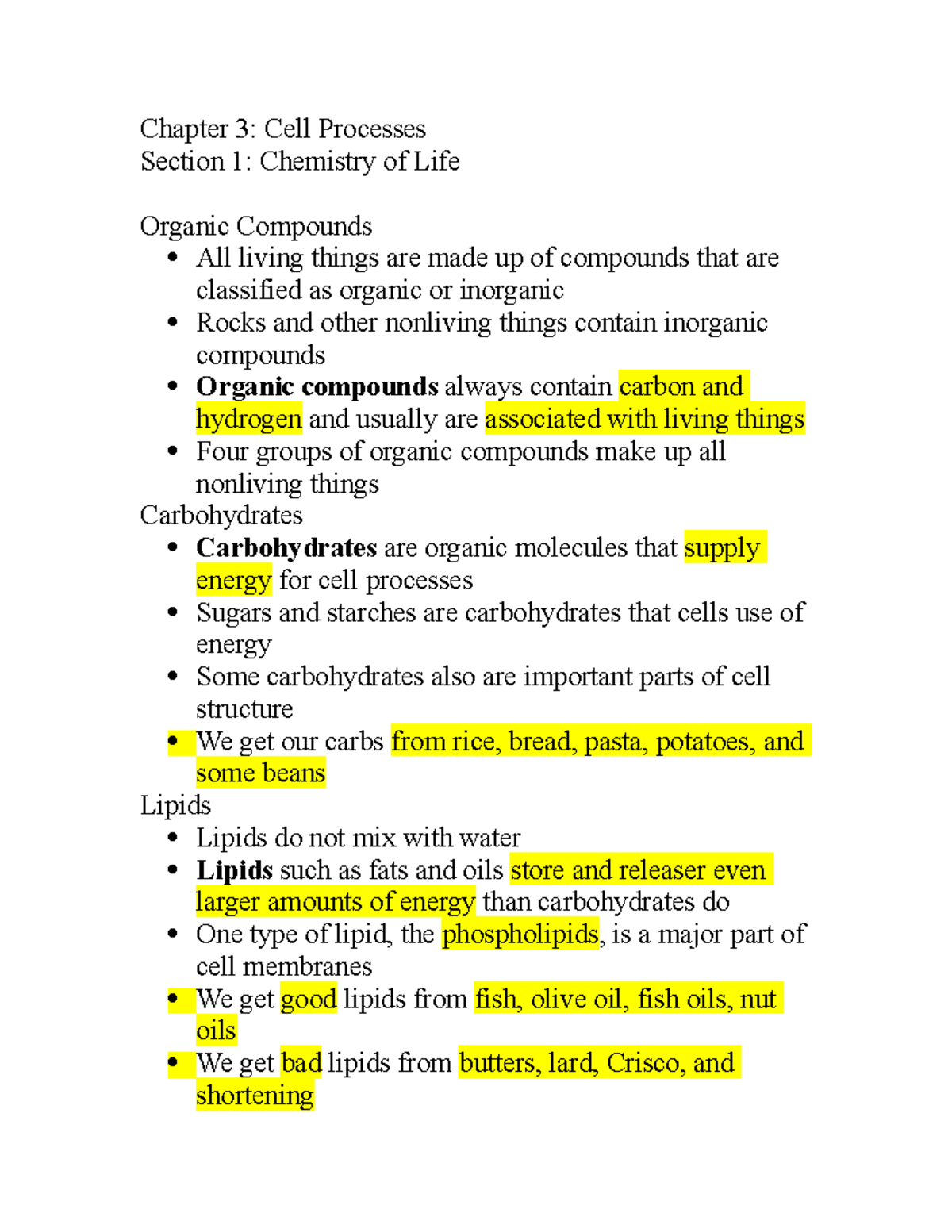 Bio notes - life - Chapter 3: Cell Processes Section 1: Chemistry of ...
