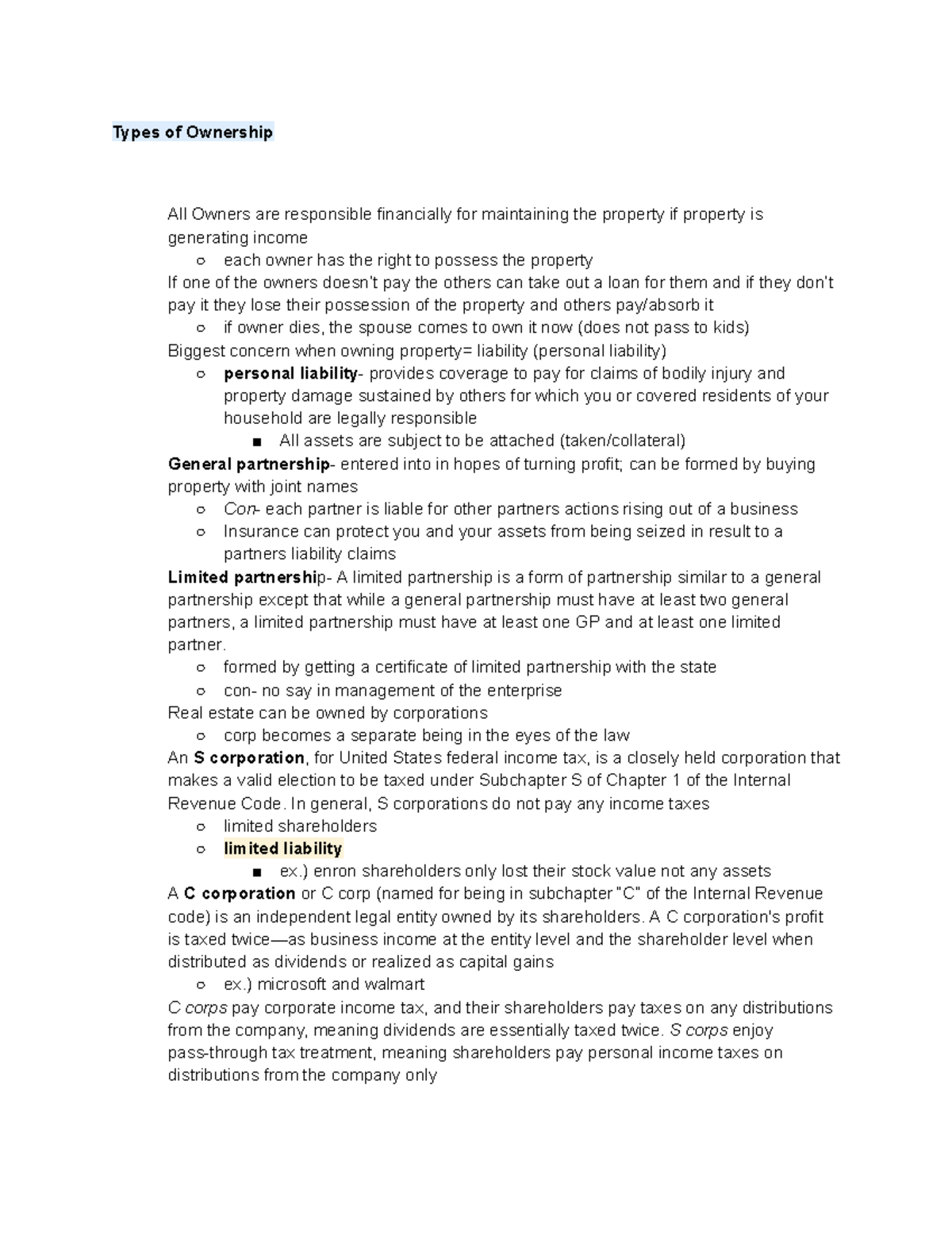 Chapter 5 - Types of Ownership - Types of Ownership All Owners are ...