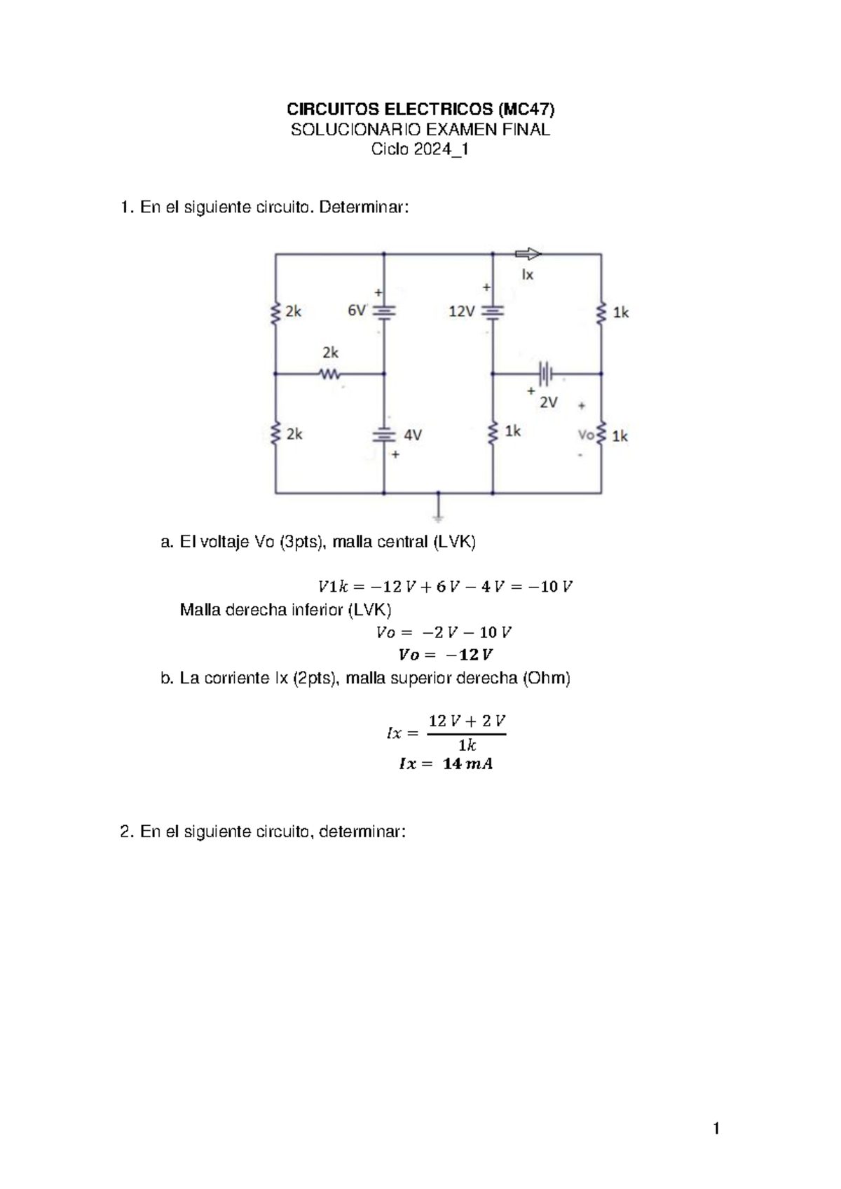 Solucionario Circuitos Eléctricos EF 2024 1 - CIRCUITOS ELECTRICOS ...