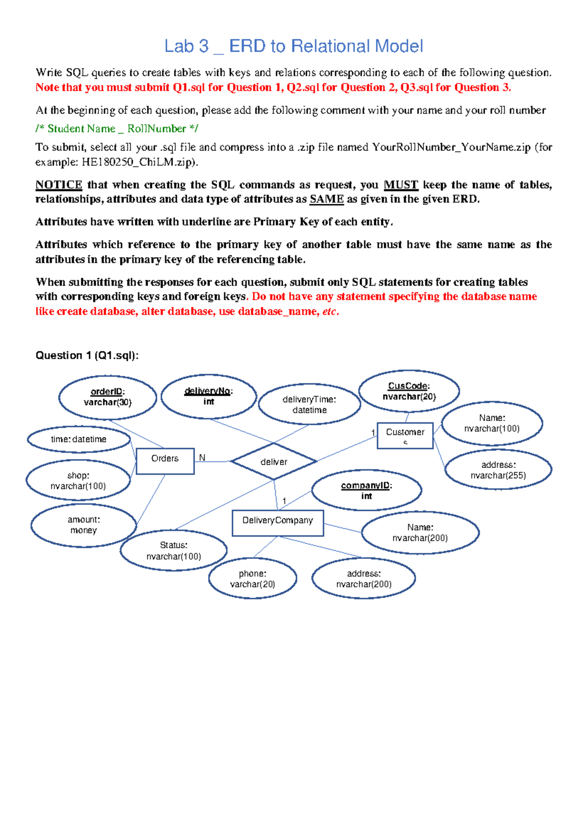 Lab3 ERD2Relational Sp2024 AI1811 - Lab 3 _ ERD to Relational Model Write SQL queries to create ...