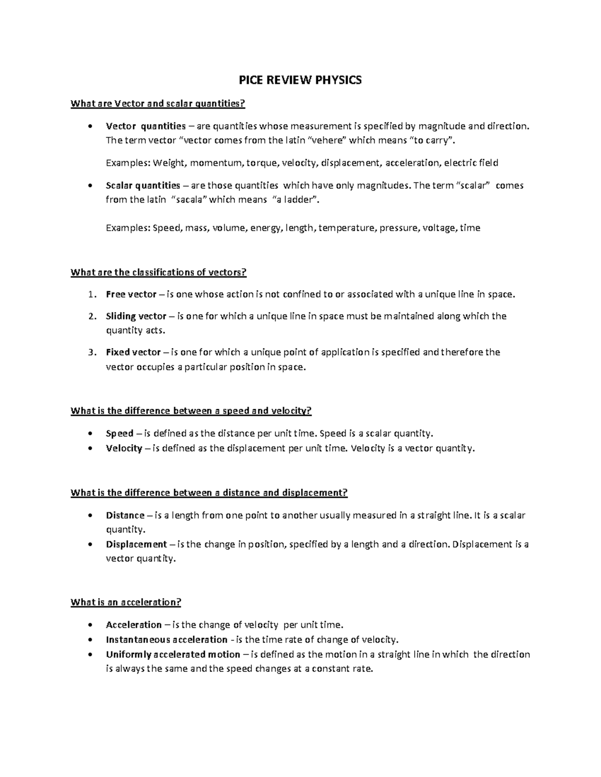 PHYSICS REVIEWER - PICE REVIEW PHYSICS What are Vector and scalar ...