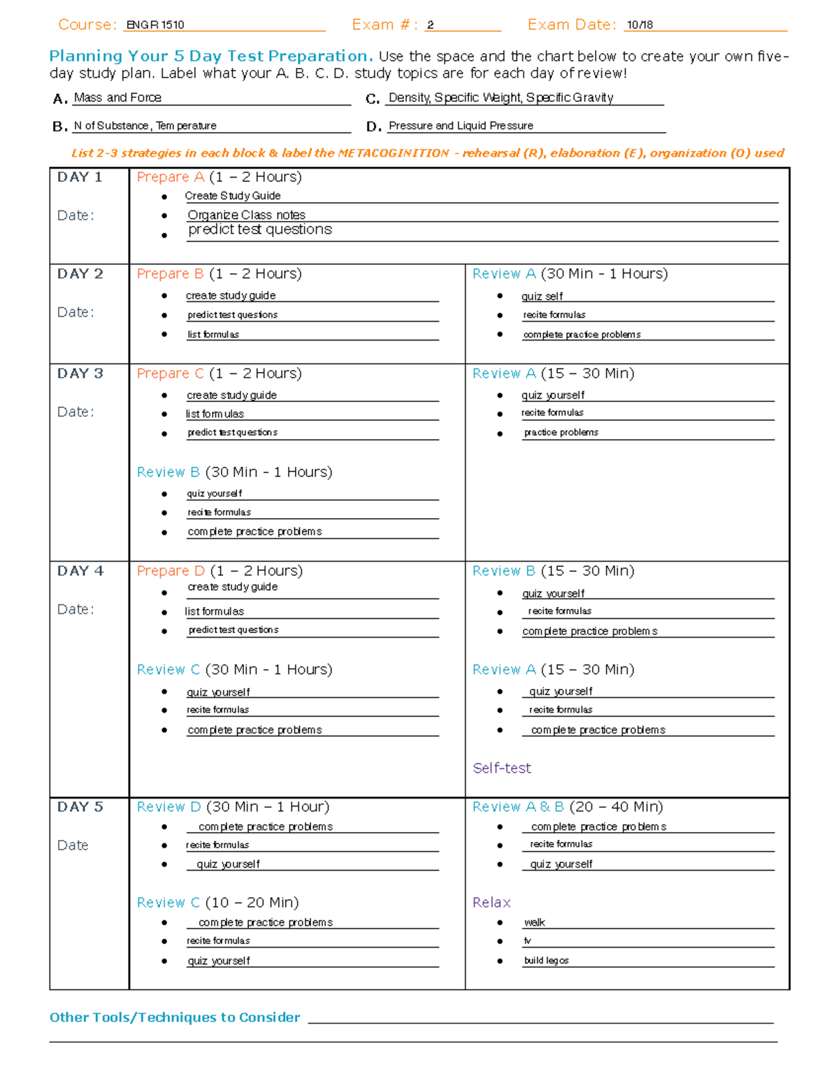 5Day Test Prep Planning Document - Planning Your 5 Day Test Preparation ...