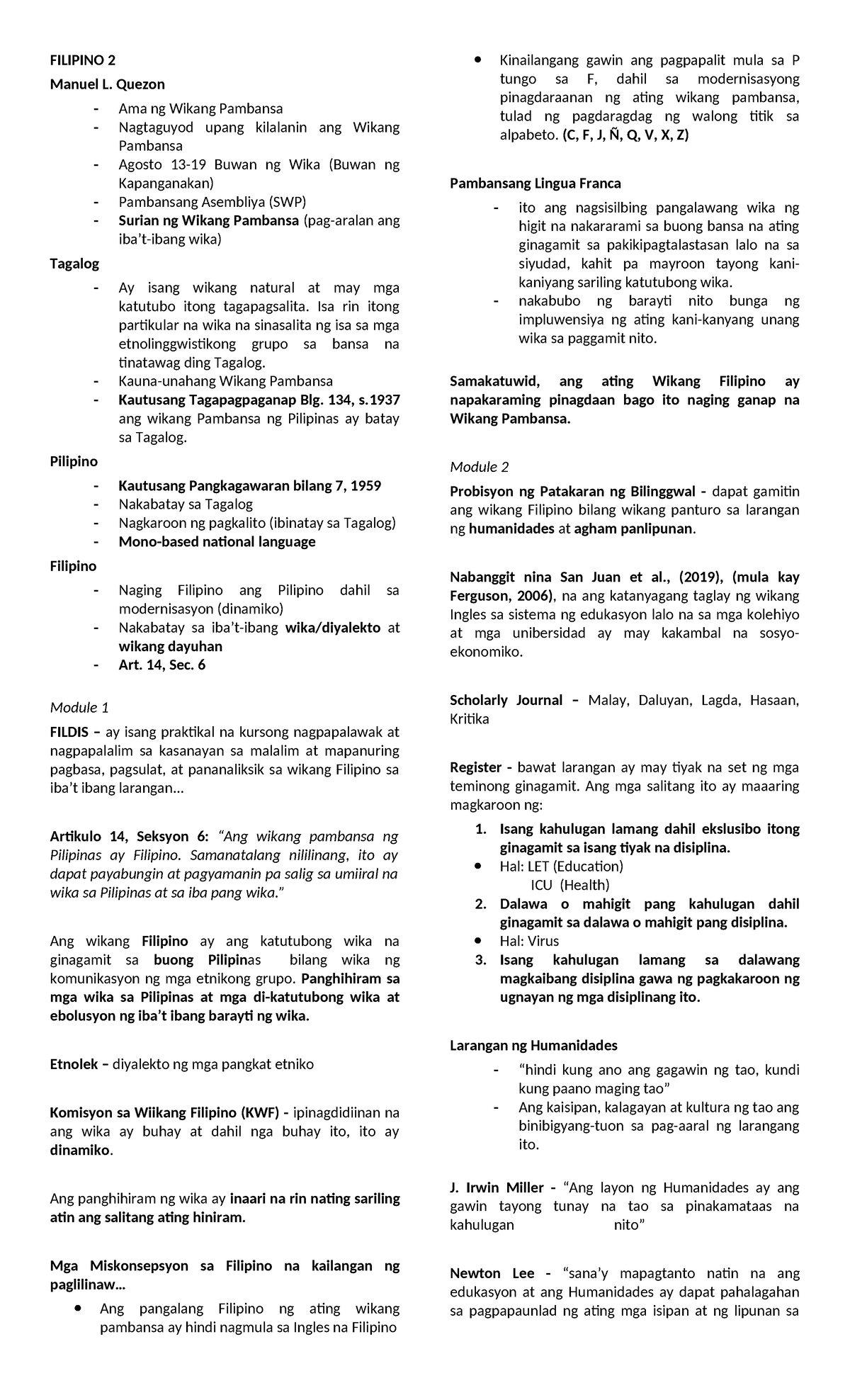 Filipino 2 Reviewer - FILIPINO 2 Manuel L. Quezon - Ama ng Wikang ...