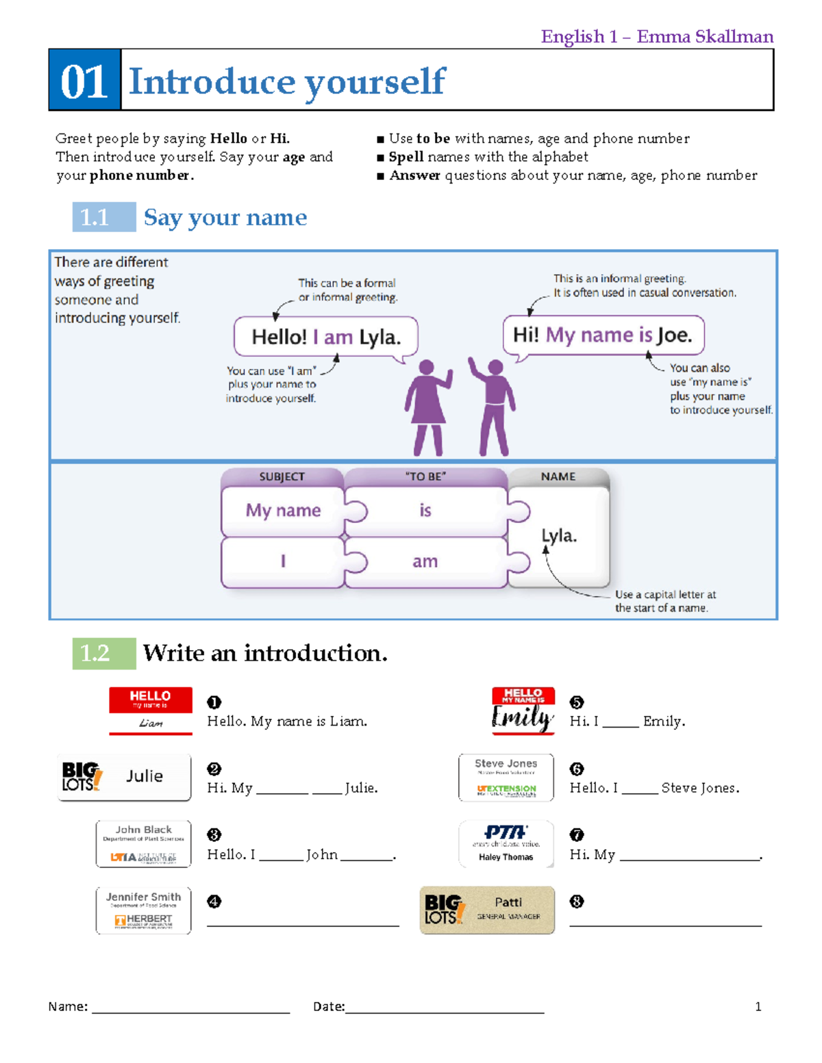 Booklet 1 - nose - 01 Introduce yourself Greet people by saying Hello ...