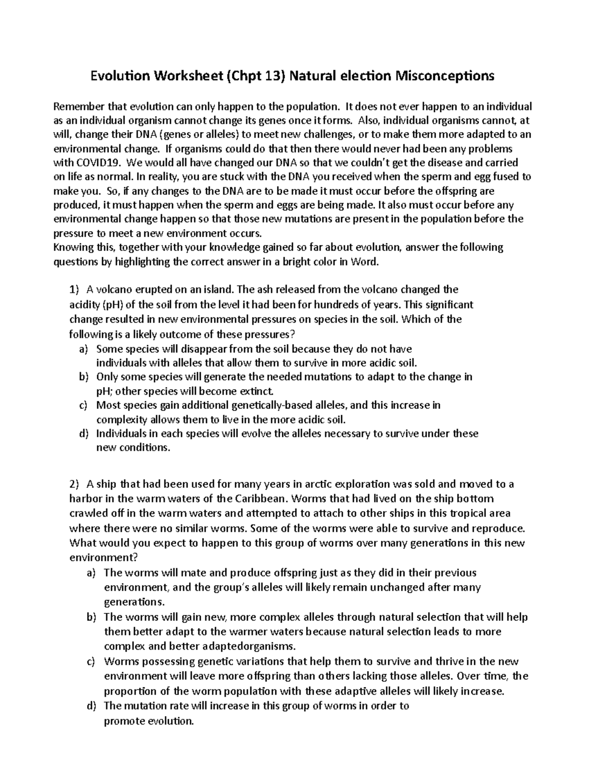 Evolution Misconceptions Worksheet - Evolution Worksheet (Chpt 13) Natural election ...