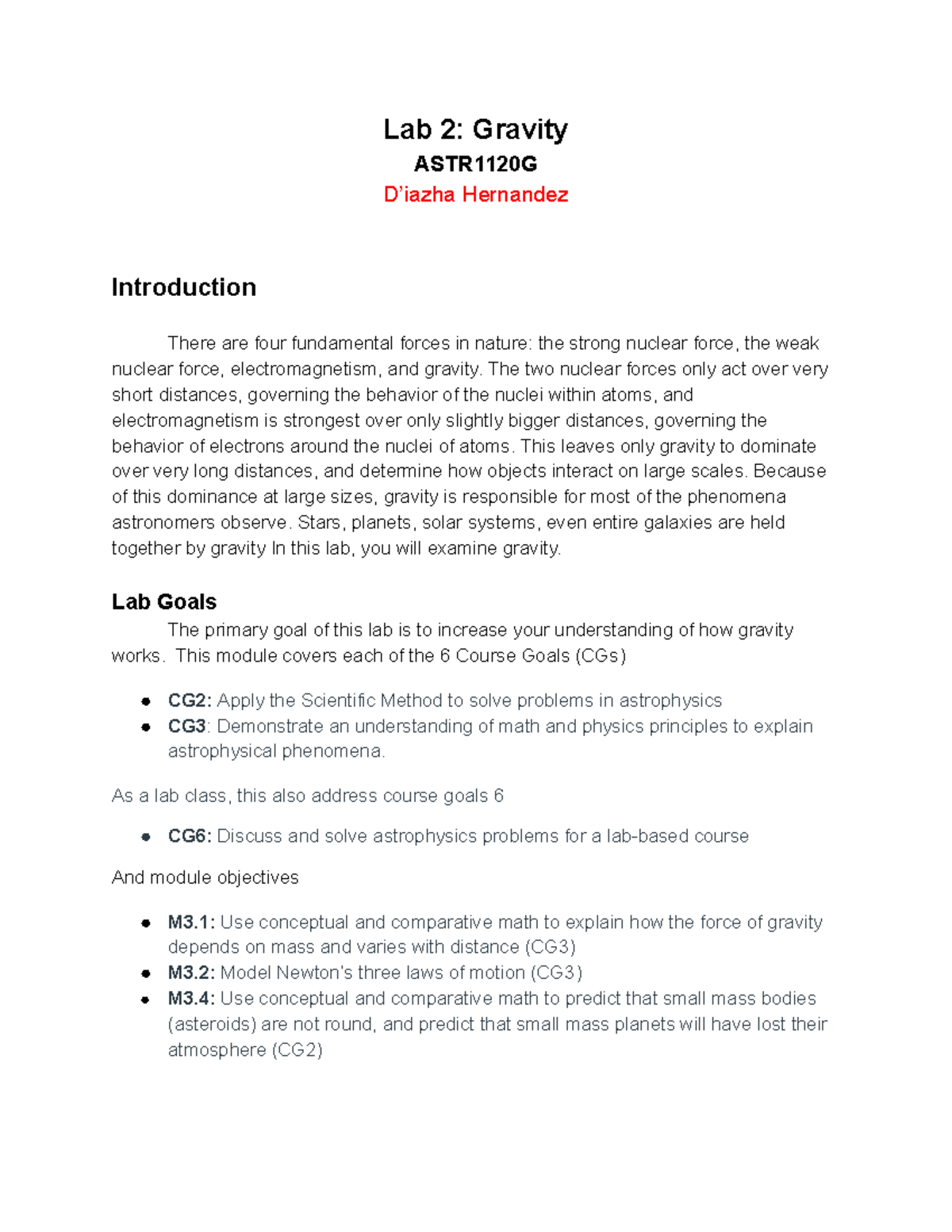 Hernandez D Lab Gravity - Lab 2: Gravity ASTR1120G D9iazha Hernandez ...