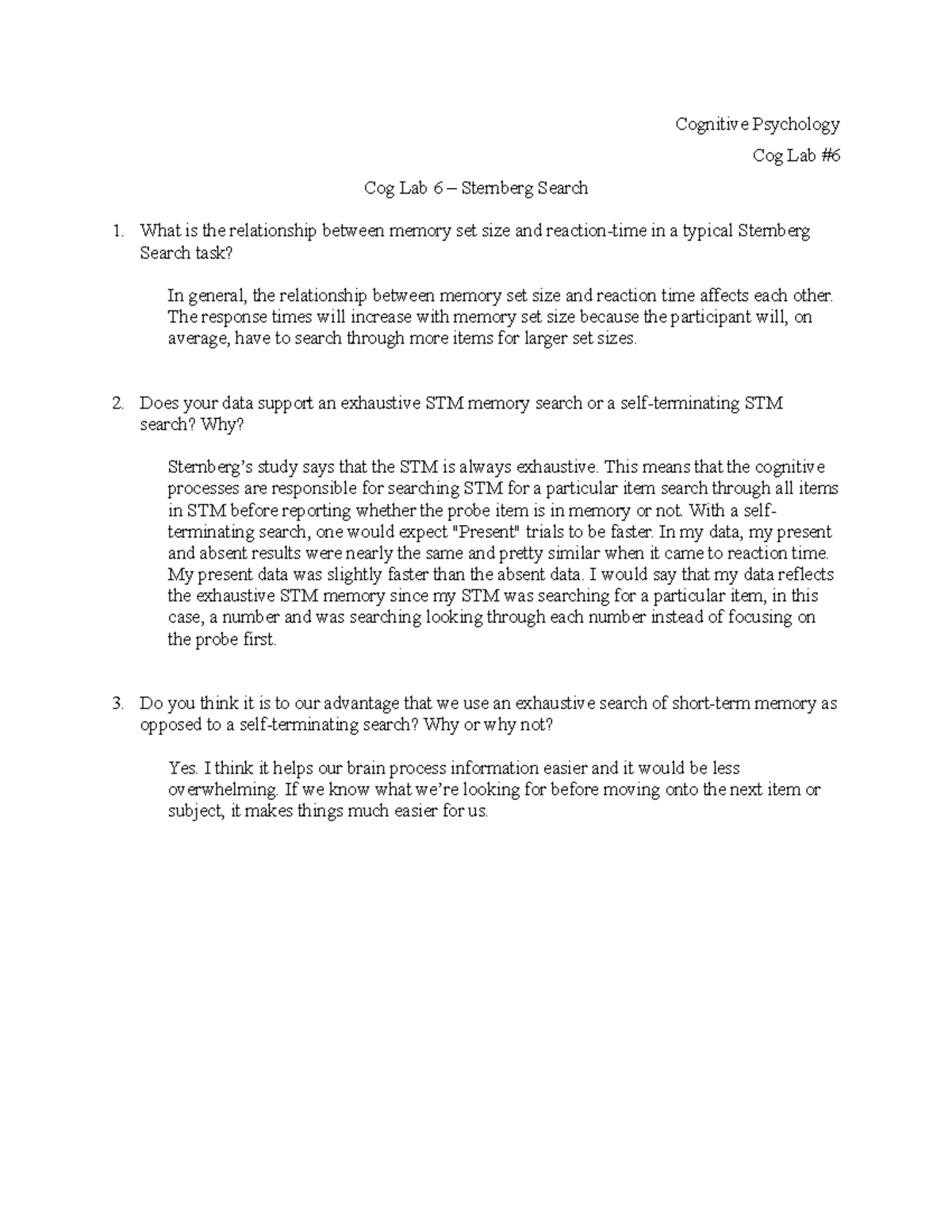 Cognitive Psychology Cog Lab 6 - Sternberg Search - Cognitive ...