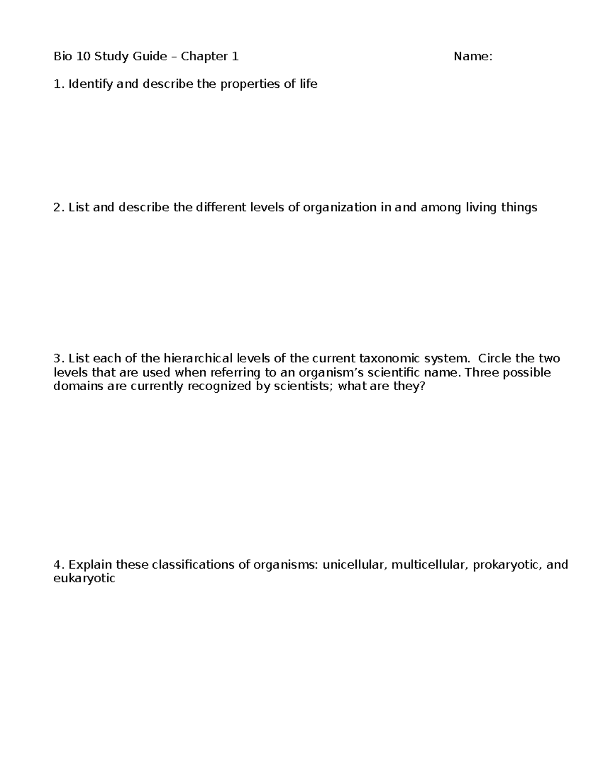 Chapter 1 Study Guide Sp22-1 - Bio 10 Study Guide – Chapter 1 Name: Identify and describe the ...