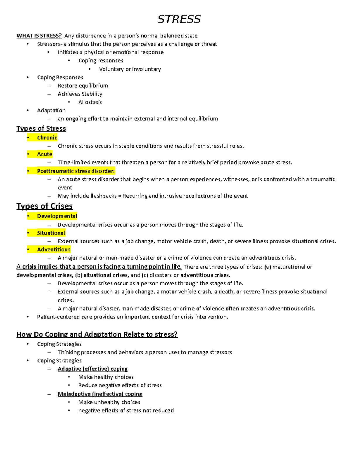 Stress notes pp - STRESS WHAT IS STRESS? Any disturbance in a person’s ...
