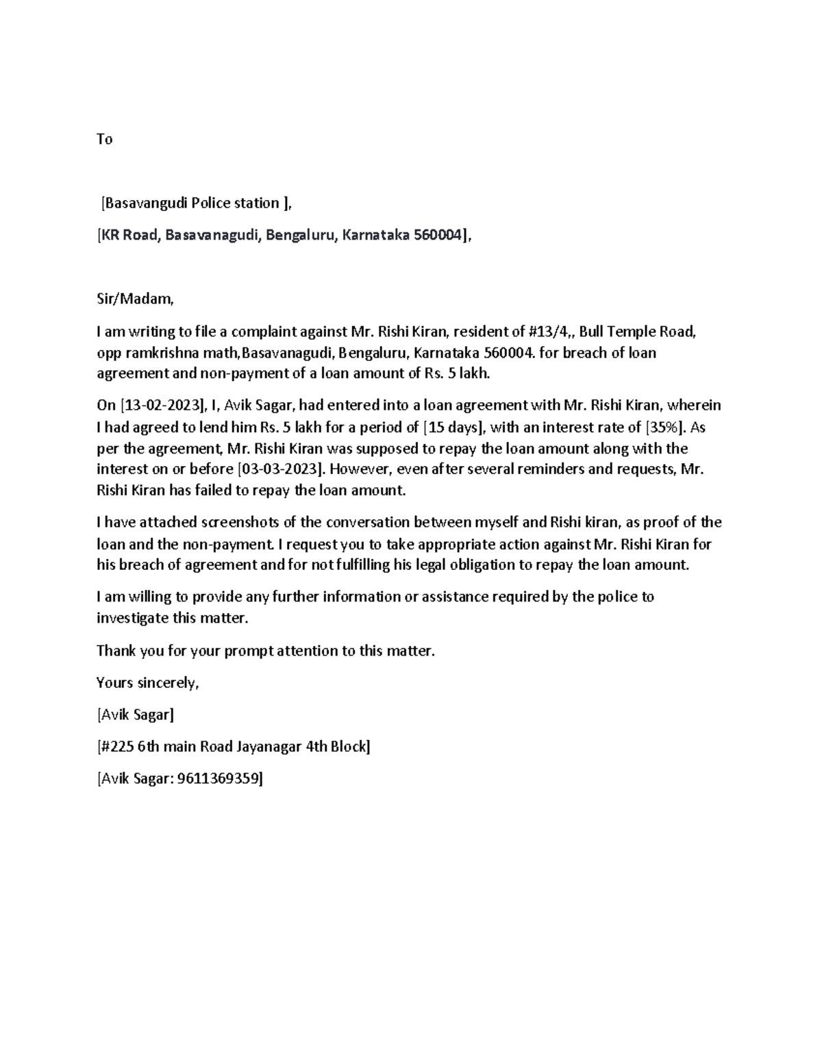 Complaint paper - dasd - To [Basavangudi Police station ], [KR Road ...