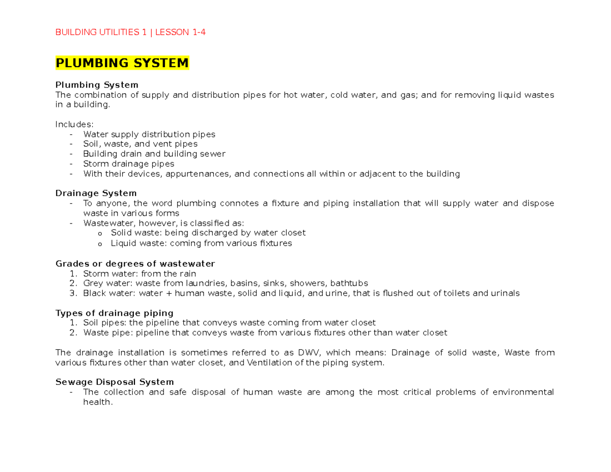 Plumbing System ( Building Utilities 1 Lesson- Architecture) - PLUMBING ...
