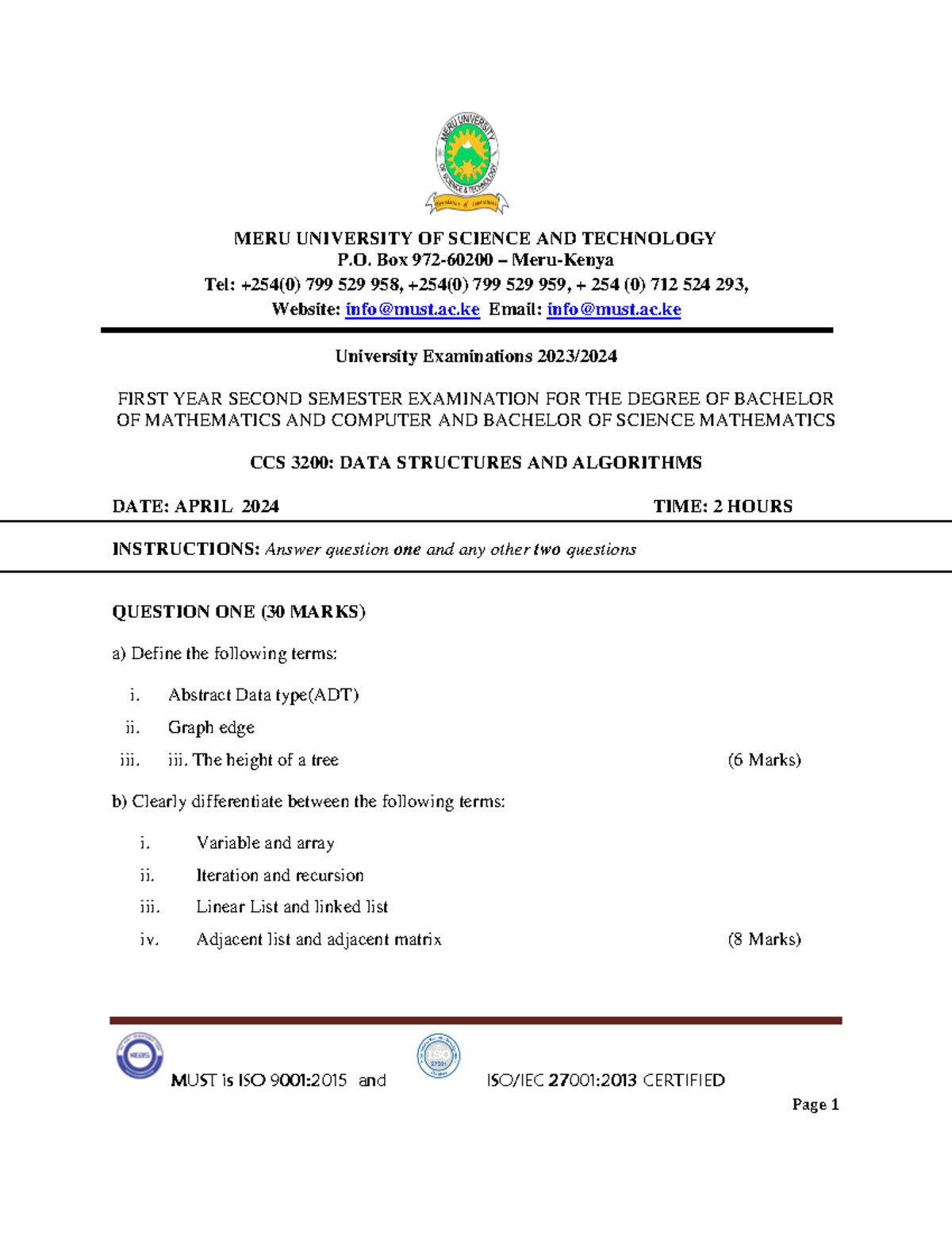 CCS 3200 DATA Structures AND Algorithms - MUST is ISO 9001:2015MUST is ISO 9001:2015MUST is ISO ...